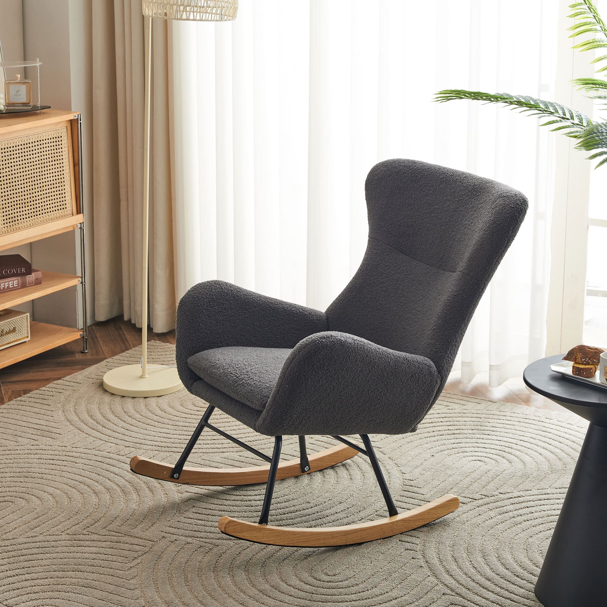 Fauteuil à bascule en tissu Teddy - Structure en métal - Pieds en bois ...