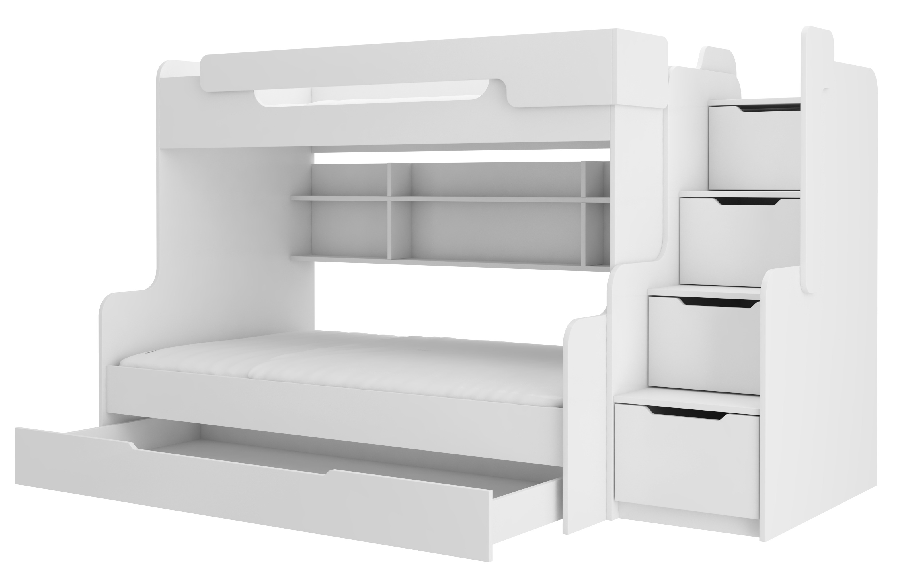 Lit superposé bois blanc 3 couchages 90x200 avec étagère et escaliers ...