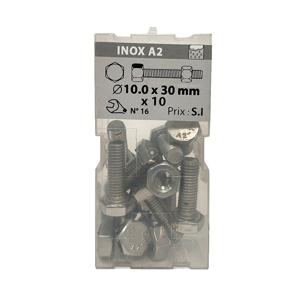 Boite 10 vis 10 x 30mm têtes hexagonale + écrou inox A2 - Viswood ...