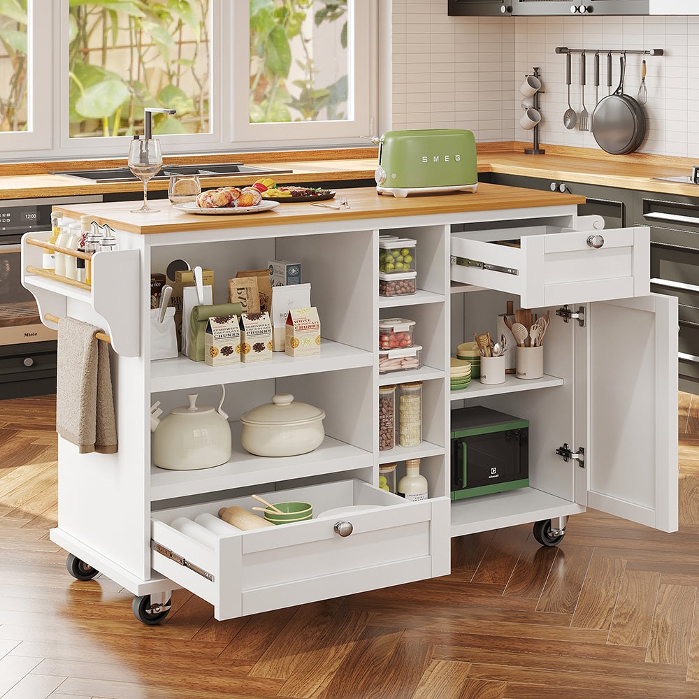 Chariot cuisine mobile 129x46cm, tiroirs/placards, plan bois clair ...