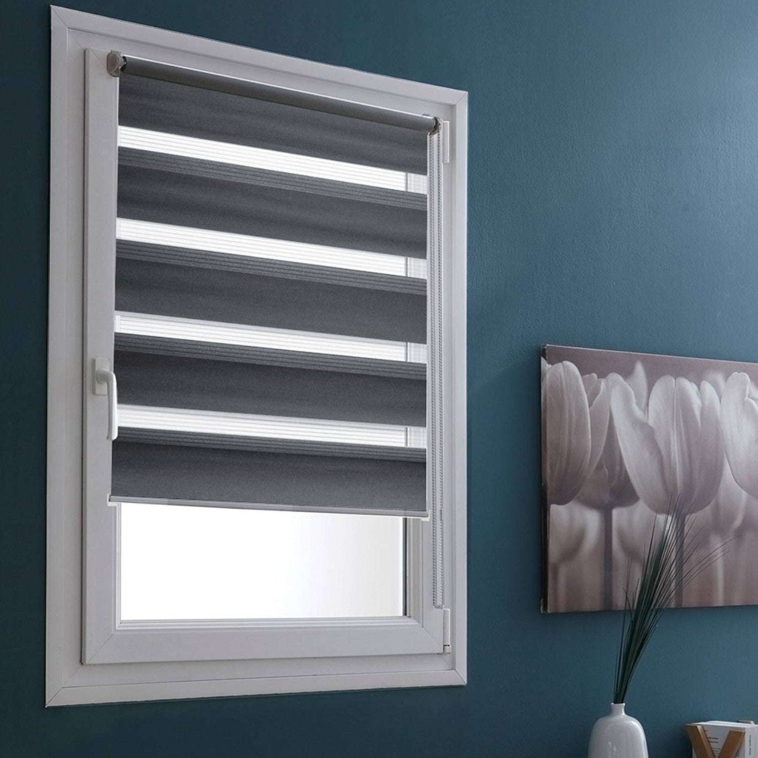 MADECOSTORE Lot de 2 stores jour nuit sans percer h160cm - Gris ...