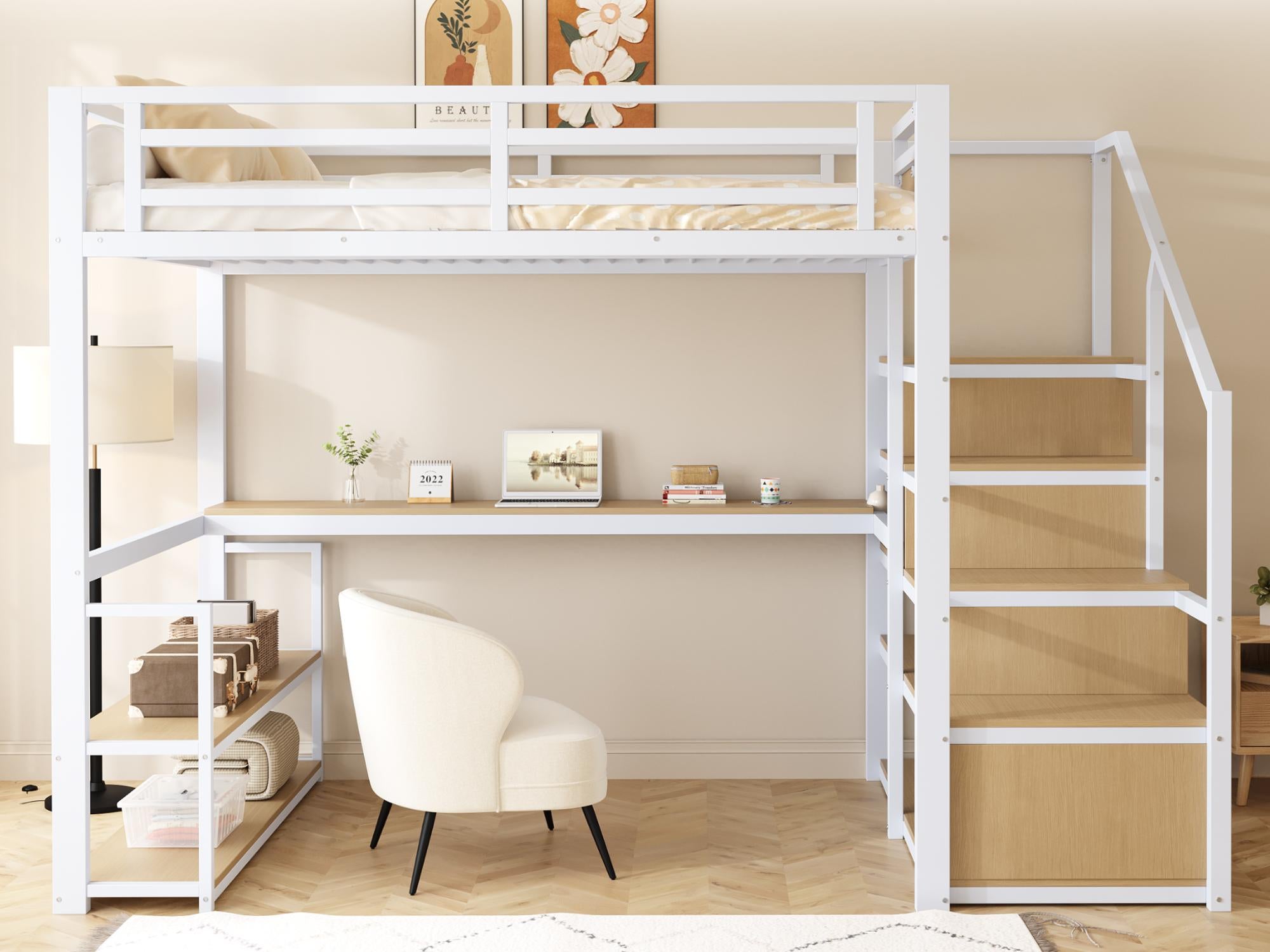 Lit mezzanine en métal 140x200 cm - avec échelle de rangement et bureau ...