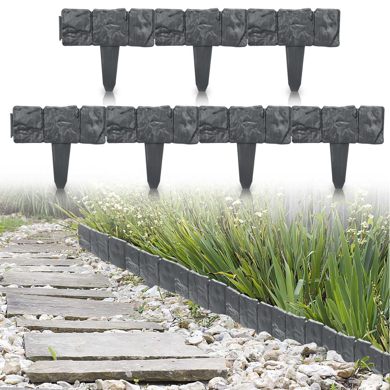 80 pezzi Recinto di confine per giardino 20 m antracite, effetto pietra ...