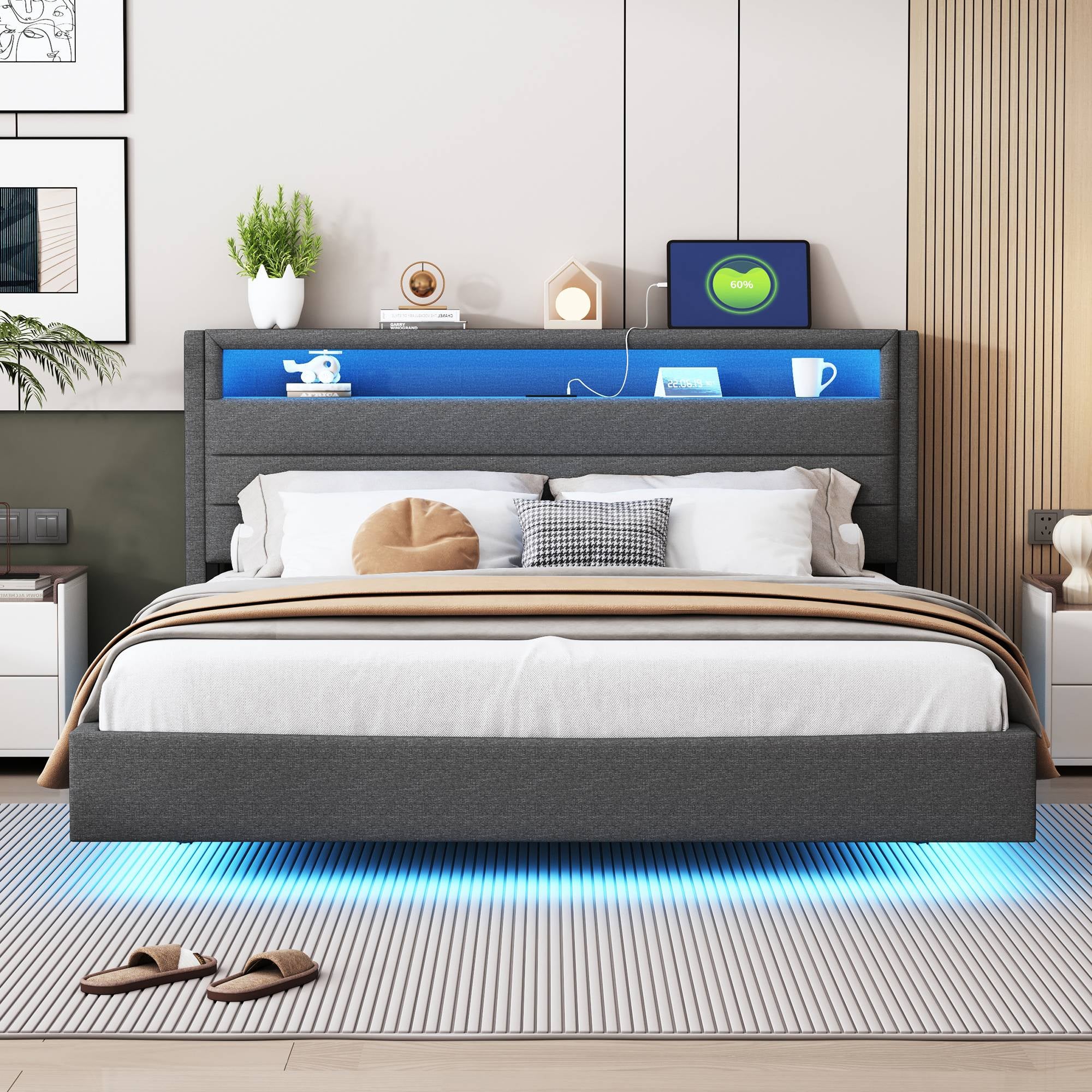 Lit Polster 160x200 cm - avec prise USB et lumière LED, tête de lit ...