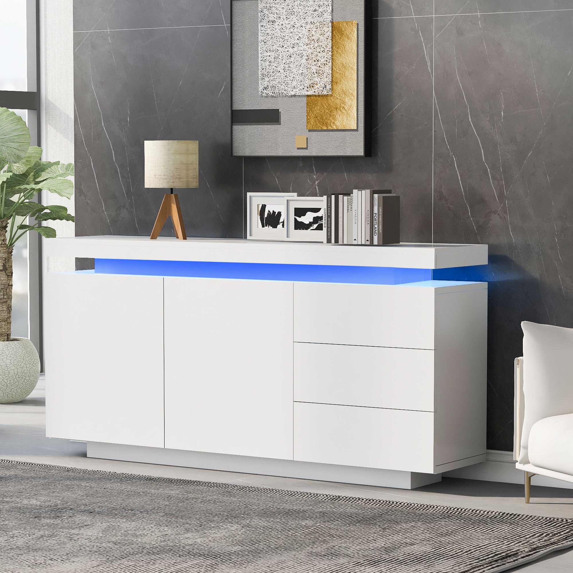 Buffet moderne avec LED- 2 portes et 3 tiroirs - Blanc | Leroy Merlin
