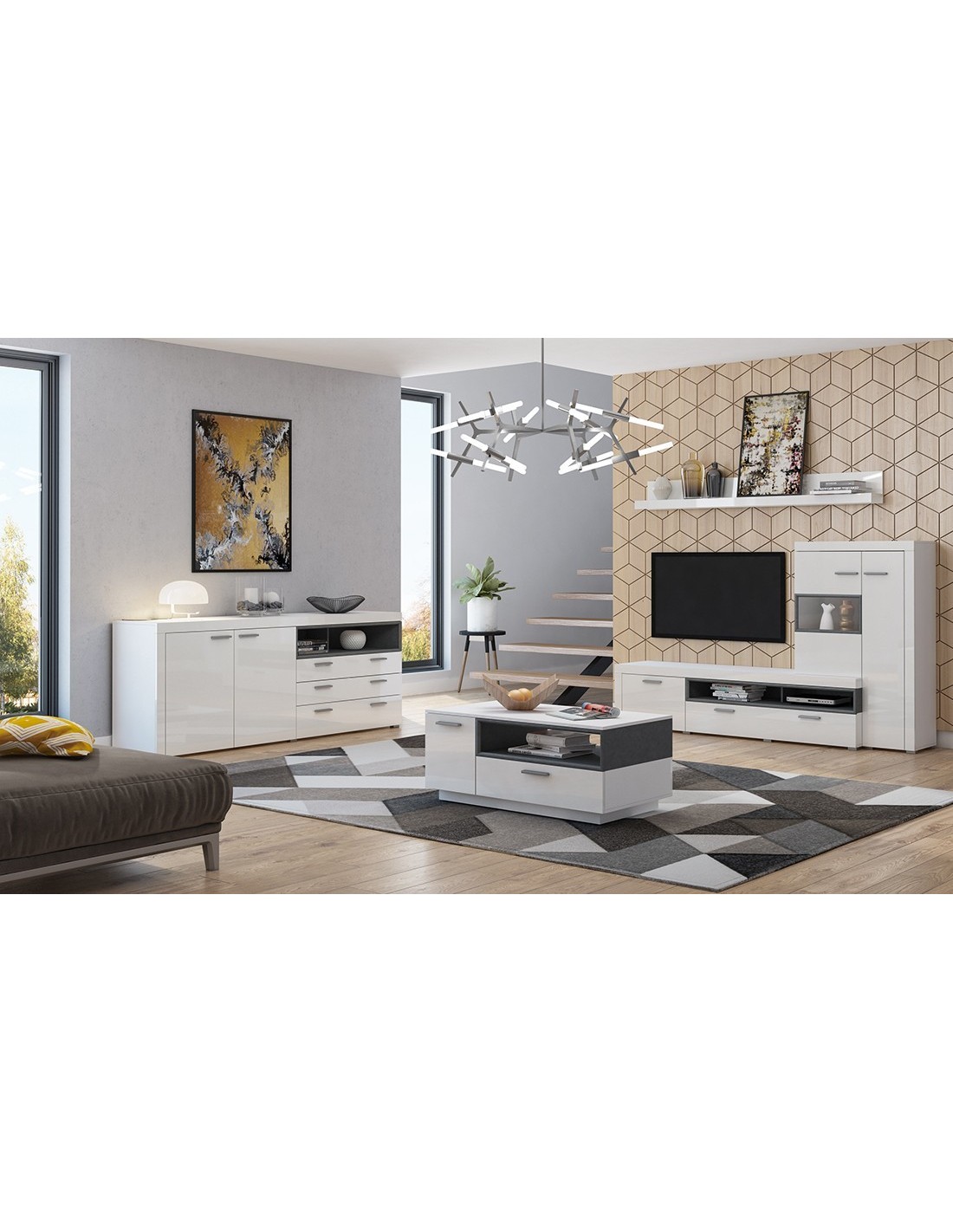 Ensemble de 4 meubles de salon collection BONO. Couleur blanc et gris ...