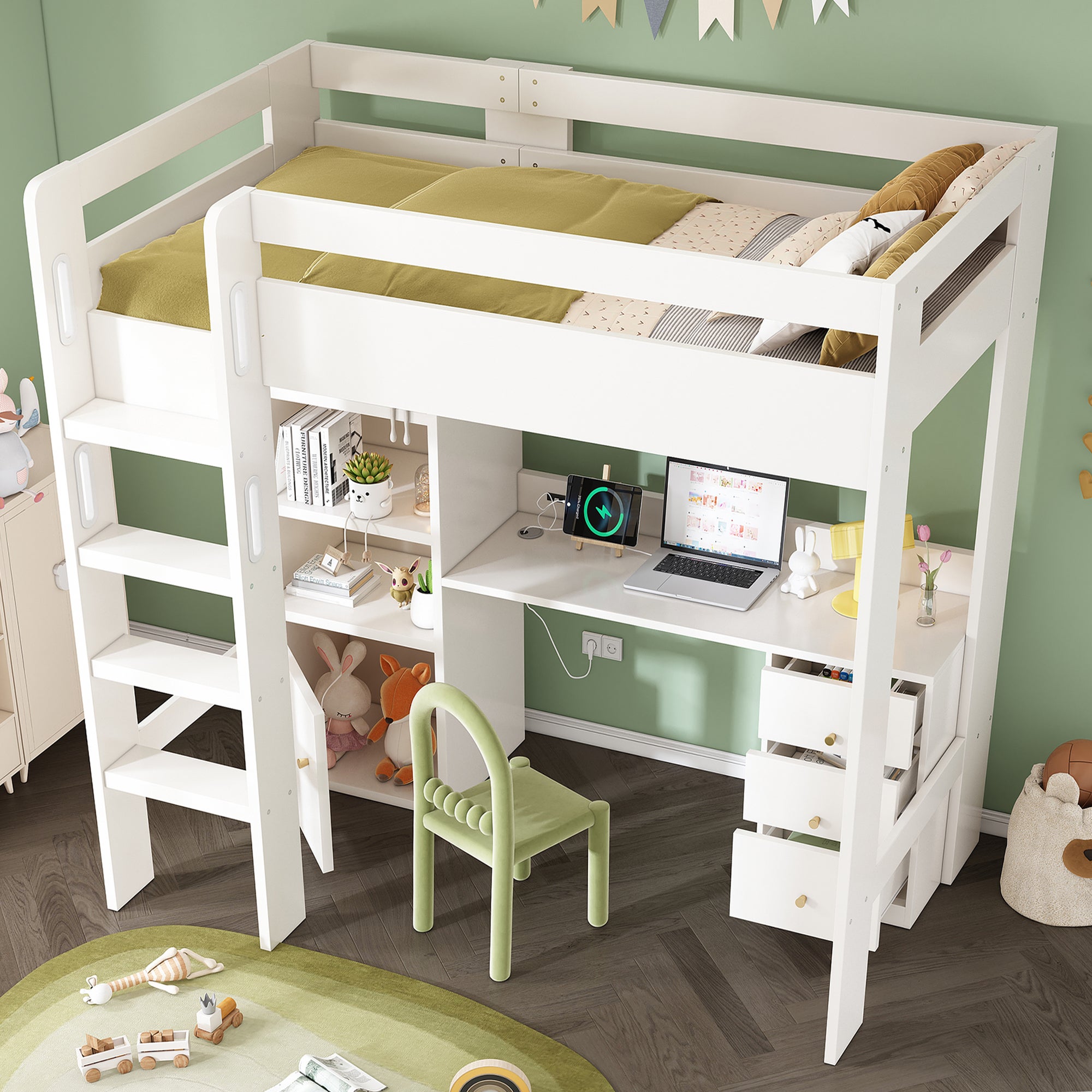 Lit mezzanine enfant avec bureau USB-C, armoire et classeur, lit jeune ...