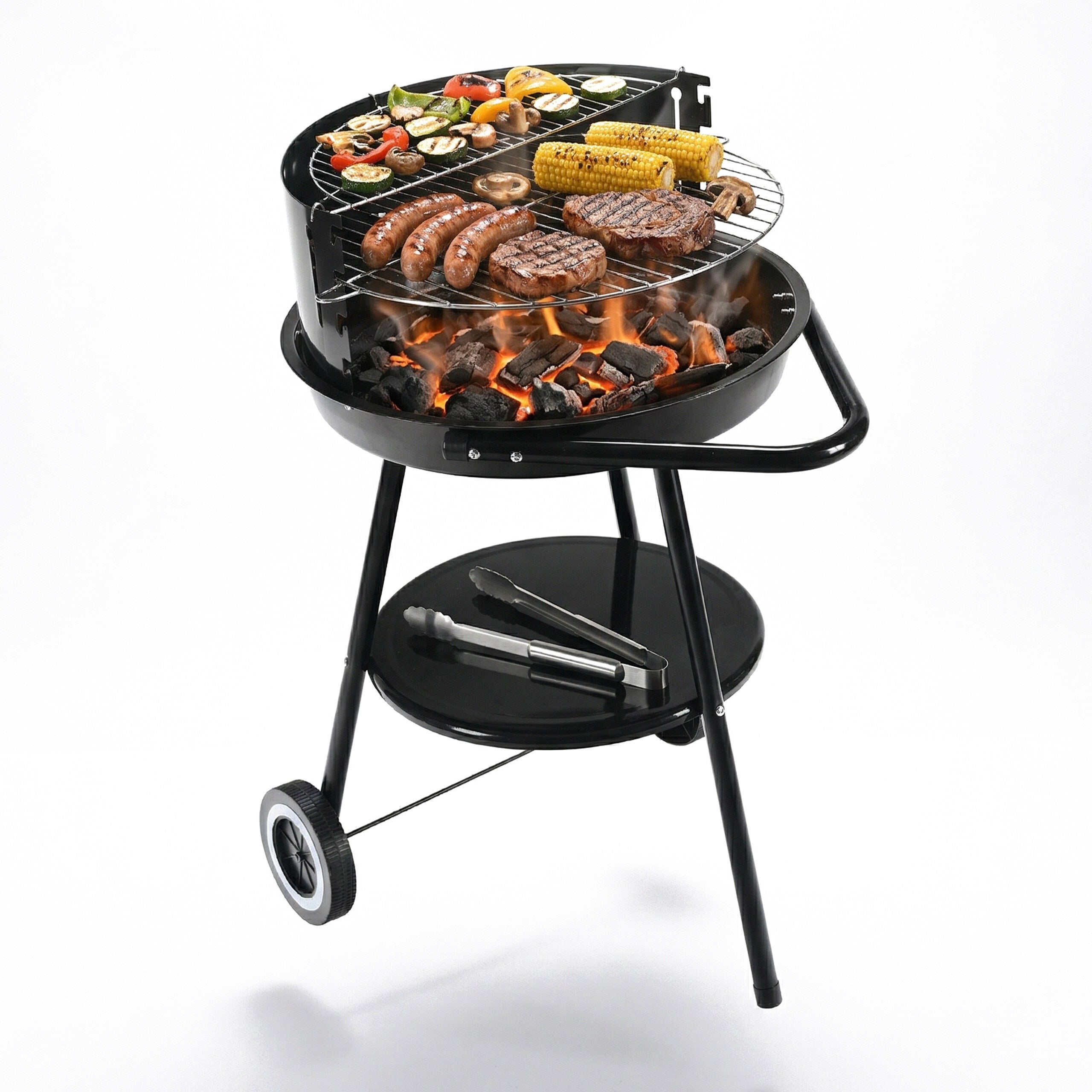Barbecue à charbon Ø 47 cm avec roulettes, pare-vent, tablette, grille ...