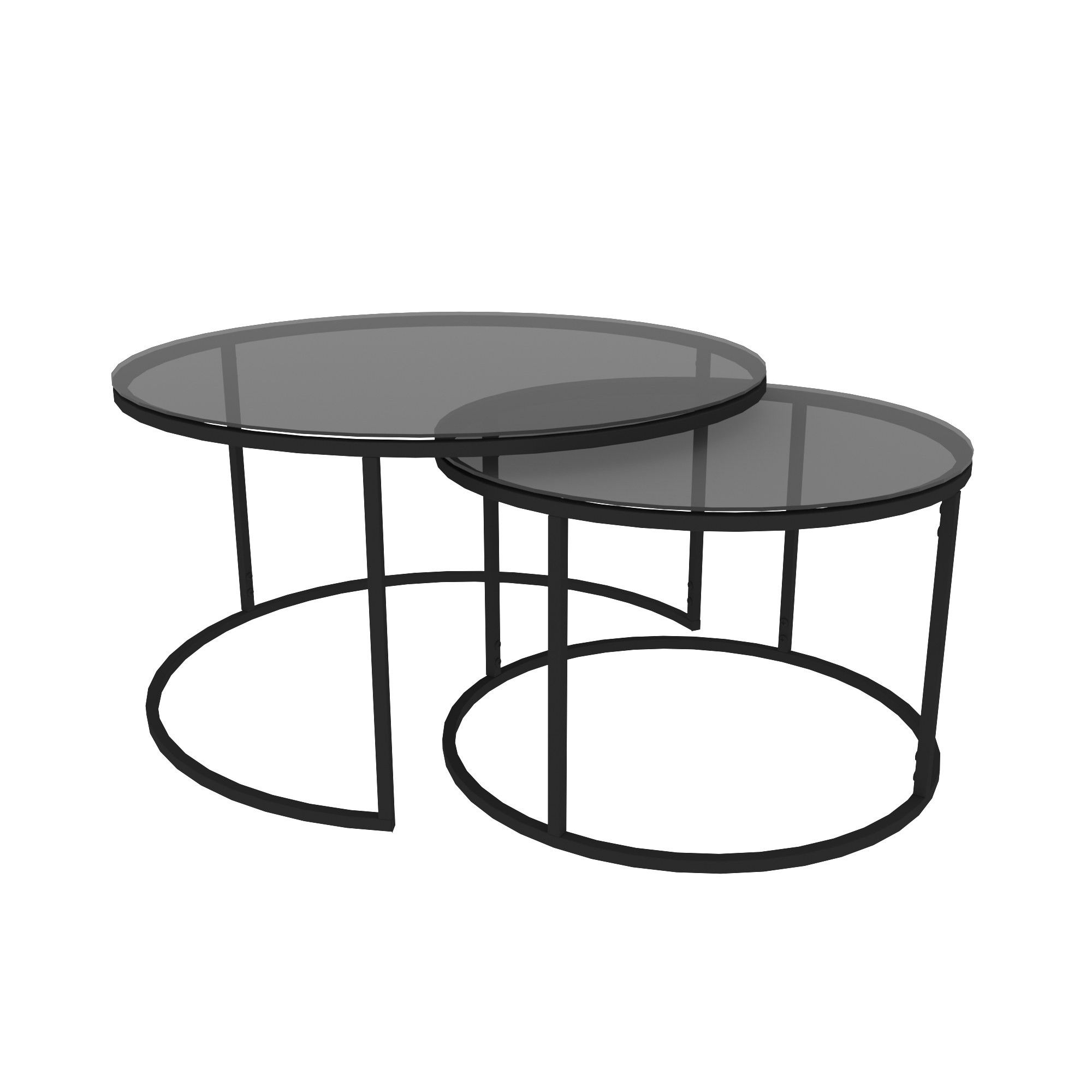 Ensemble de 2 tables basses gigognes rondes Taky Métal Noir et Verre trempé Transparent | Leroy ...