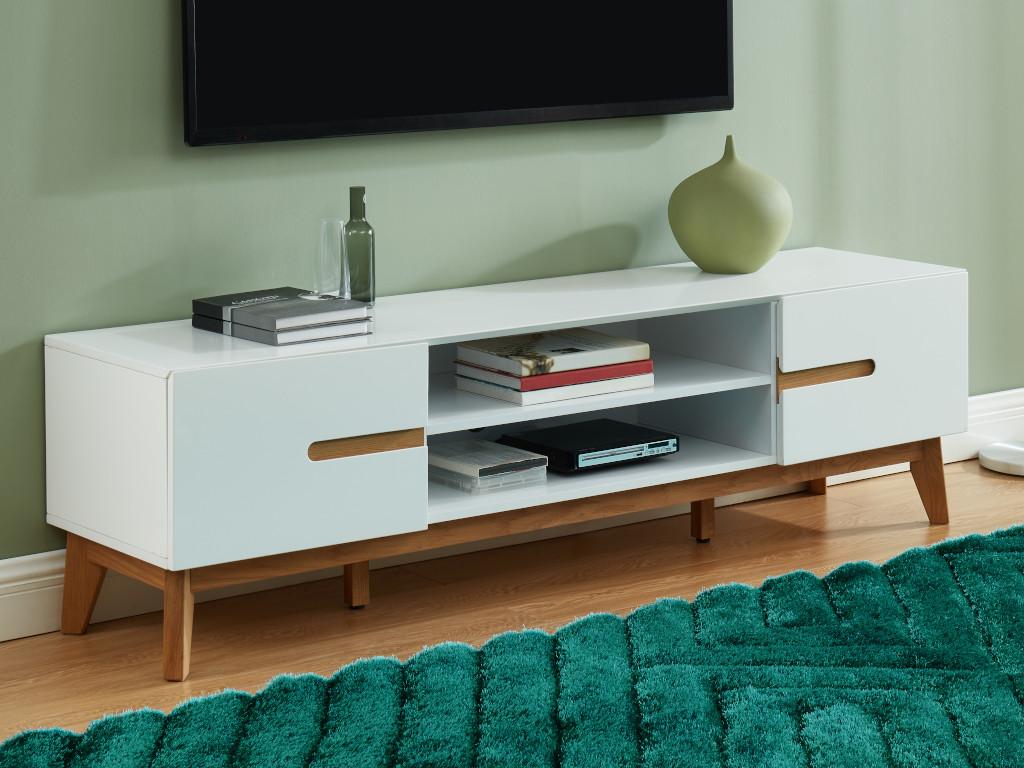 Meuble TV LAPONI - 2 portes & 2 niches - MDF Blanc laqué | Leroy Merlin