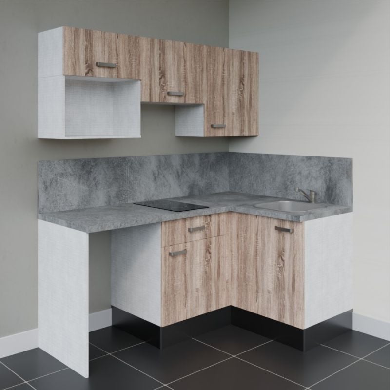 Kitchenette 128 cm modèle KA03 - Façades Bois - Plan de travail Gris ...
