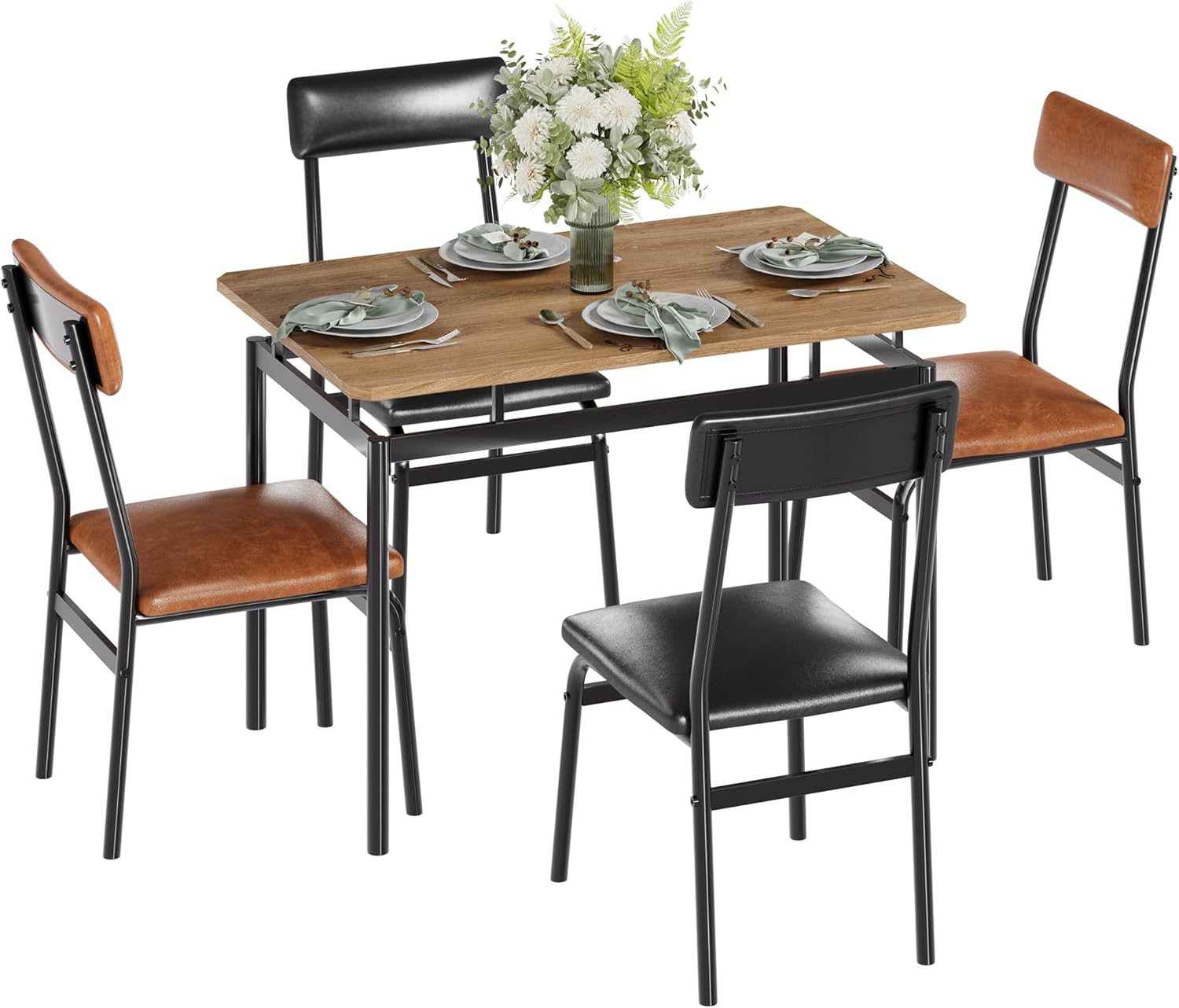 Conjunto mesa de comedor – Mesa con acabado madera marrón y 4 sillas ...