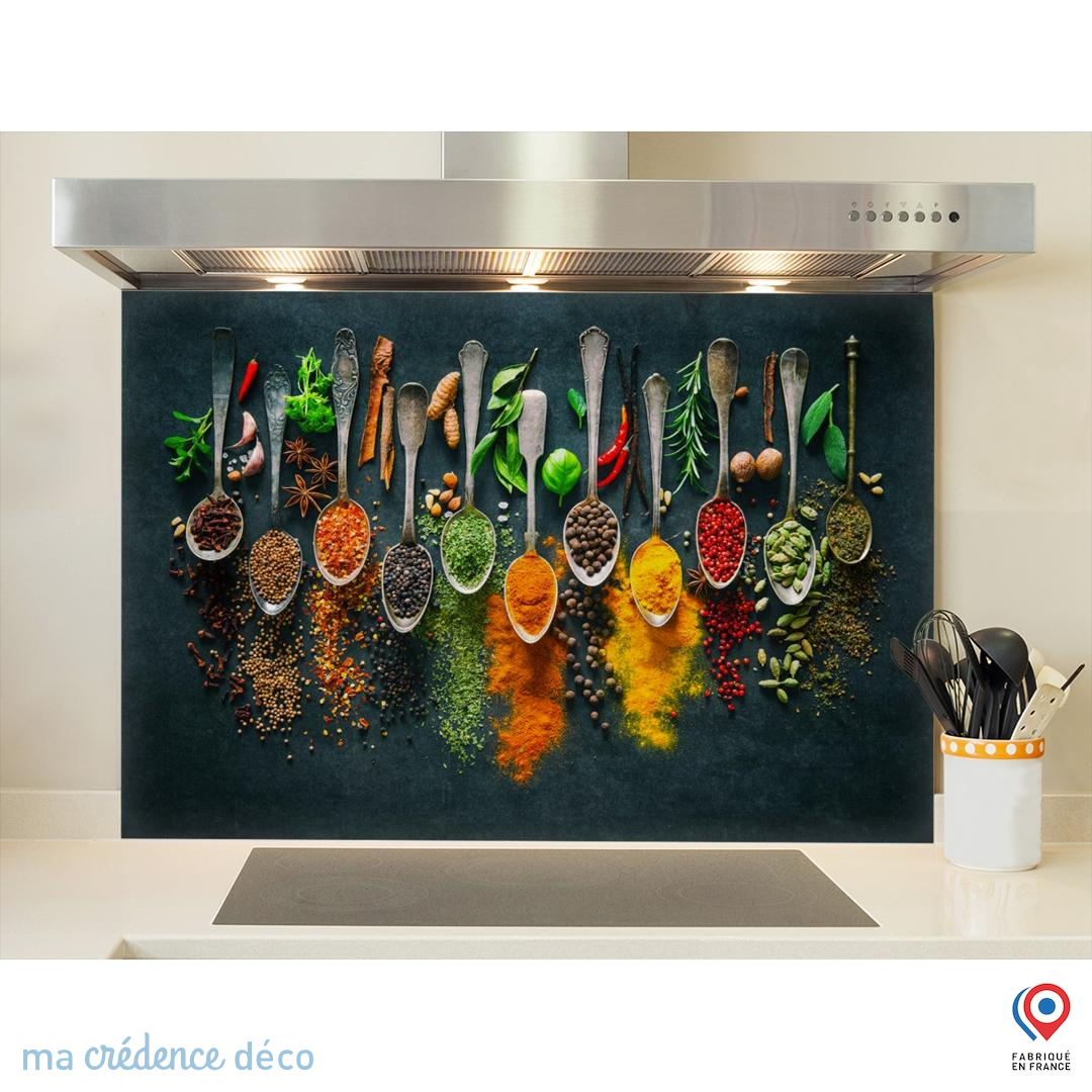 Crédence cuisine fond de hotte Epices et cuillères 2 - Verre trempé - L ...