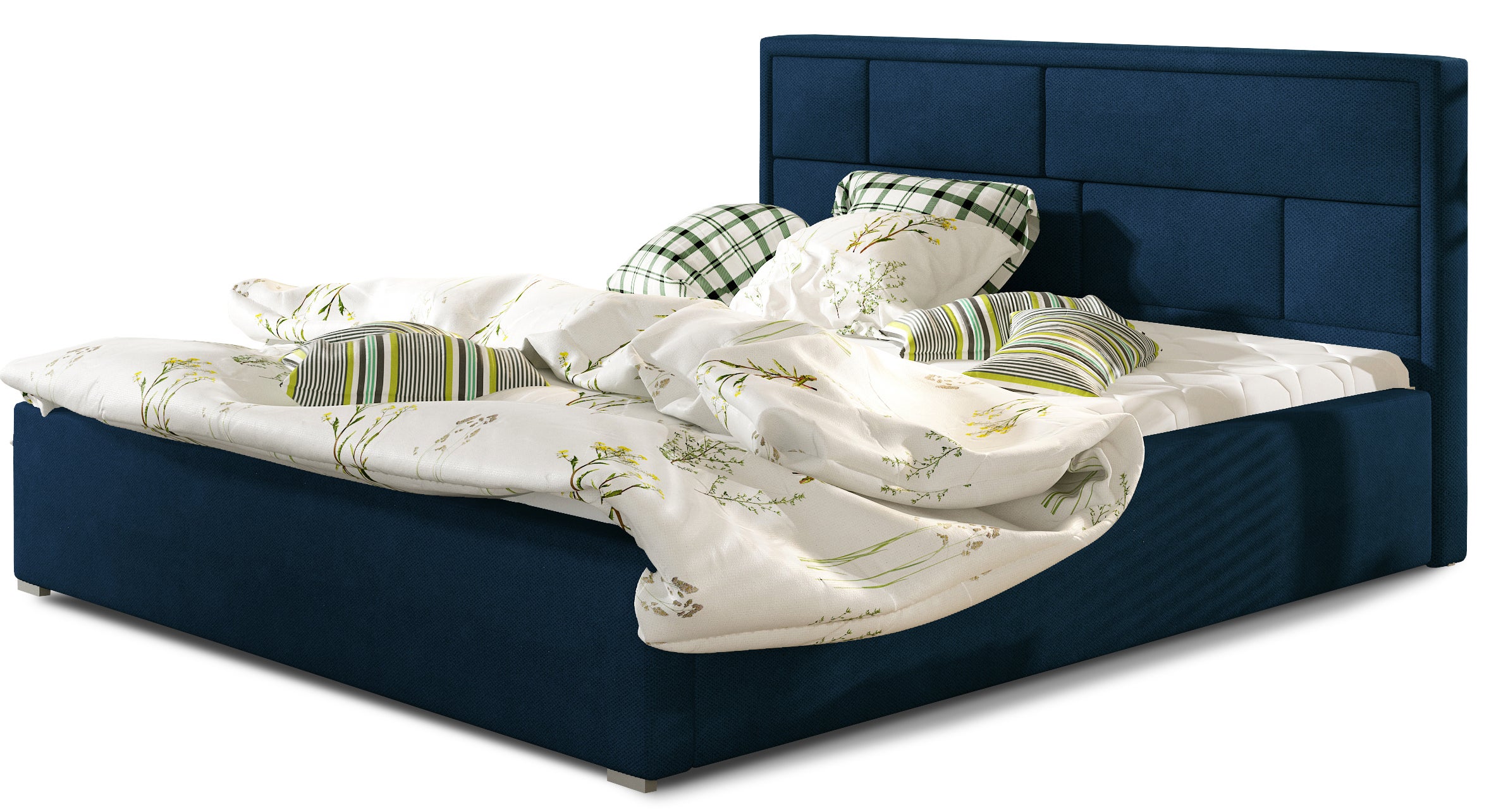 Lit double velours bleu tête de lit capitonnée Lenzo - 4 tailles ...