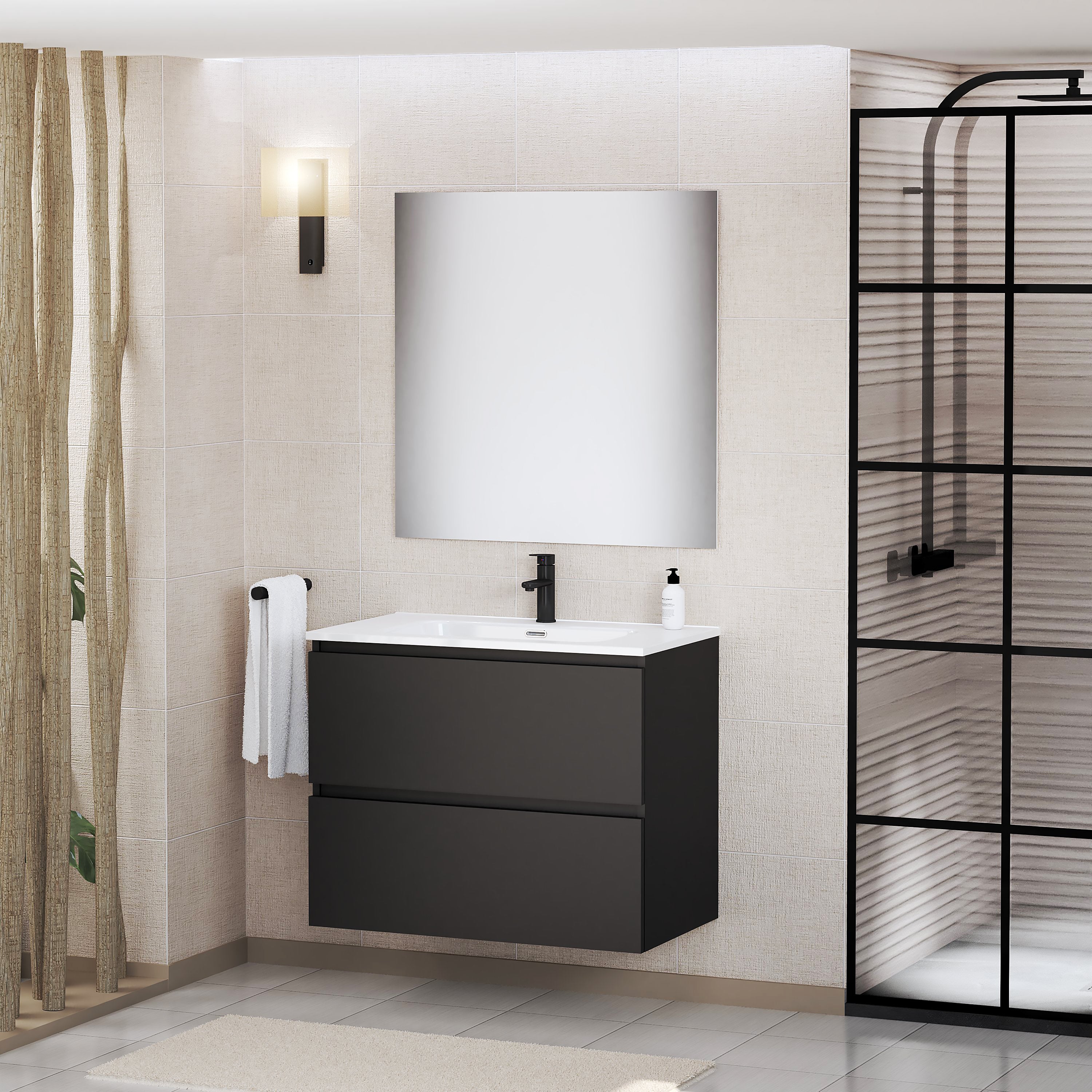 CONJUNTO DE BAÑO KAJI | MUEBLE DE BAÑO SUSPENDIDO | 80 CM NEGRO| DOS CAJONES | LAVABO ENCASTRADO ...