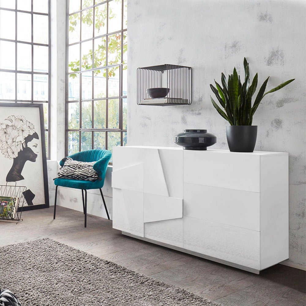 Buffet chambre et salon 2 portes 3 tiroirs coulissants moderne blanc ...