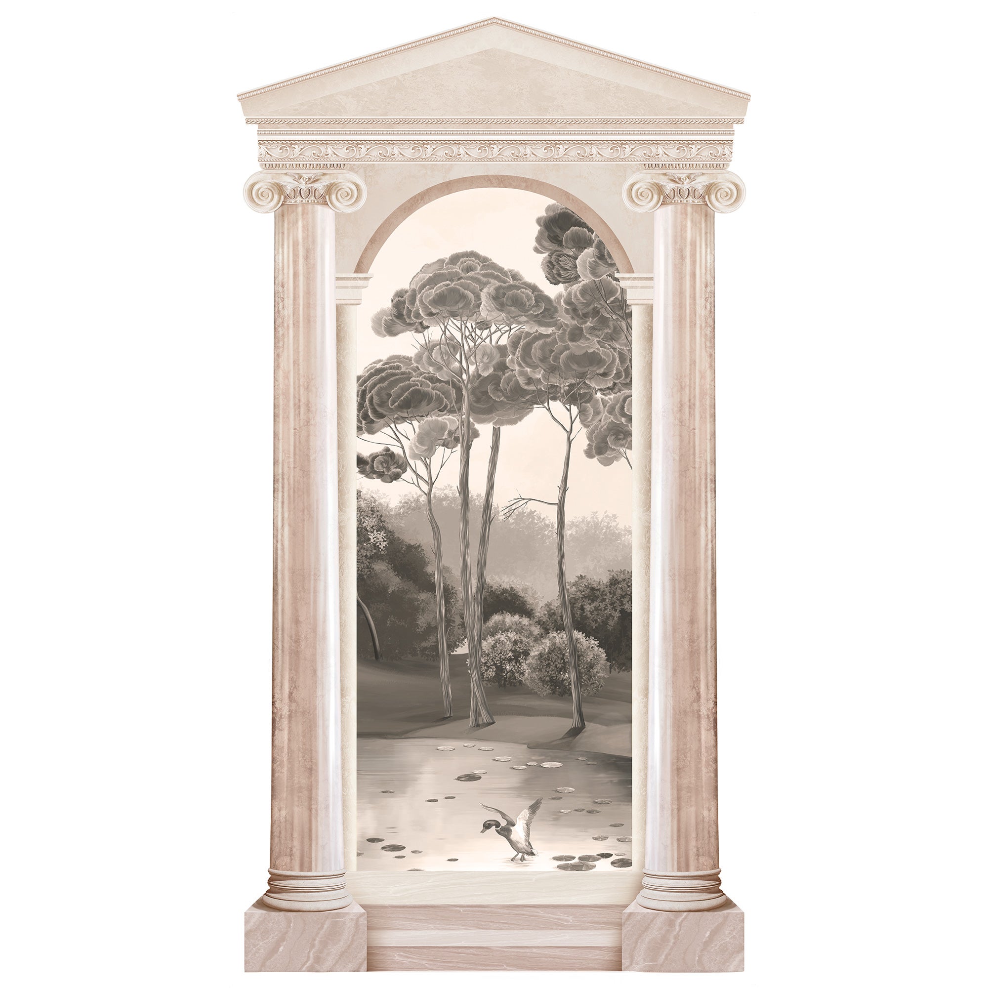 Gran decoración panorámica recortada, antiguo lago en arco, sepia ...