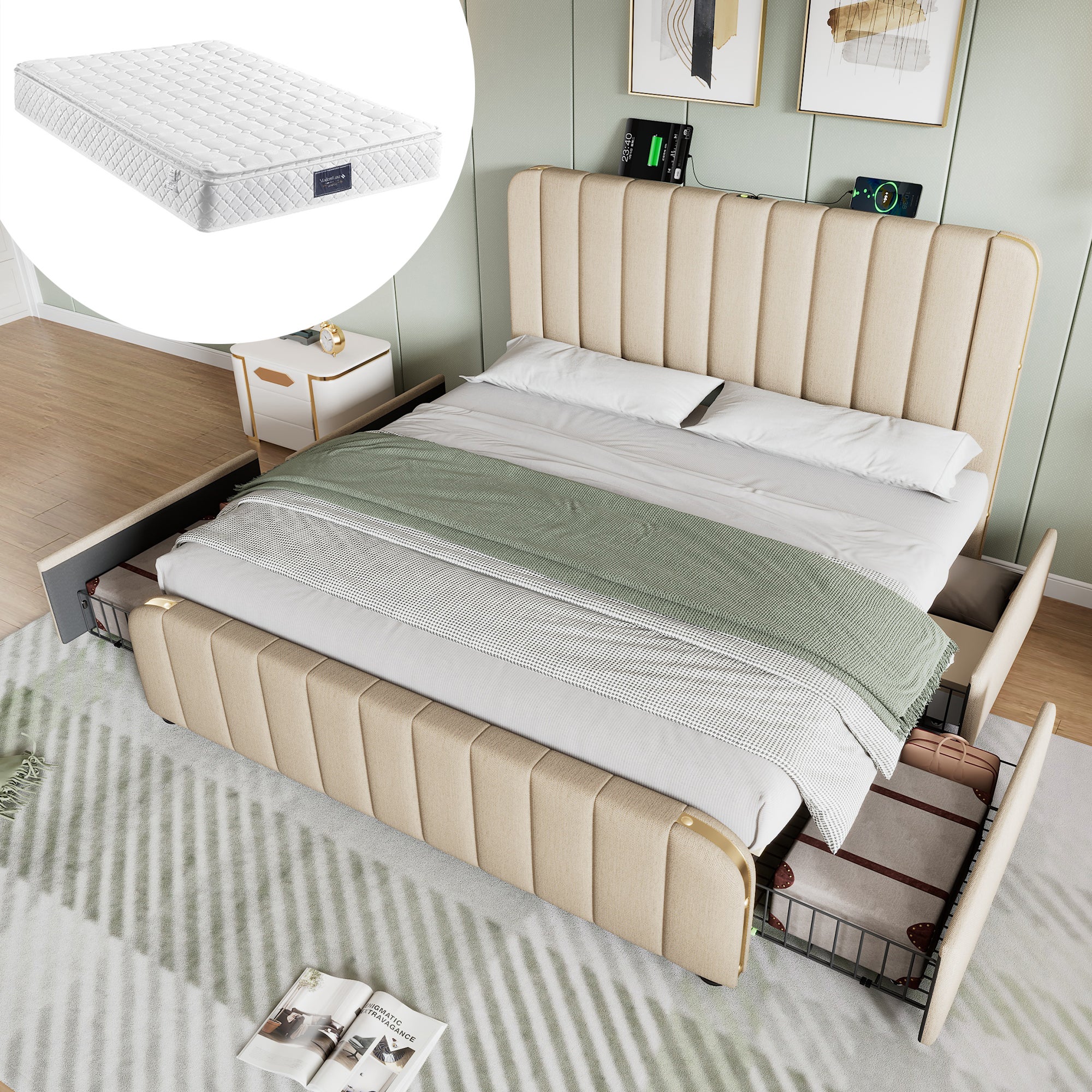 Lit avec Rangement 160x200 cm,Lit Double Beige,USB Type-C,4 Tiroirs ...