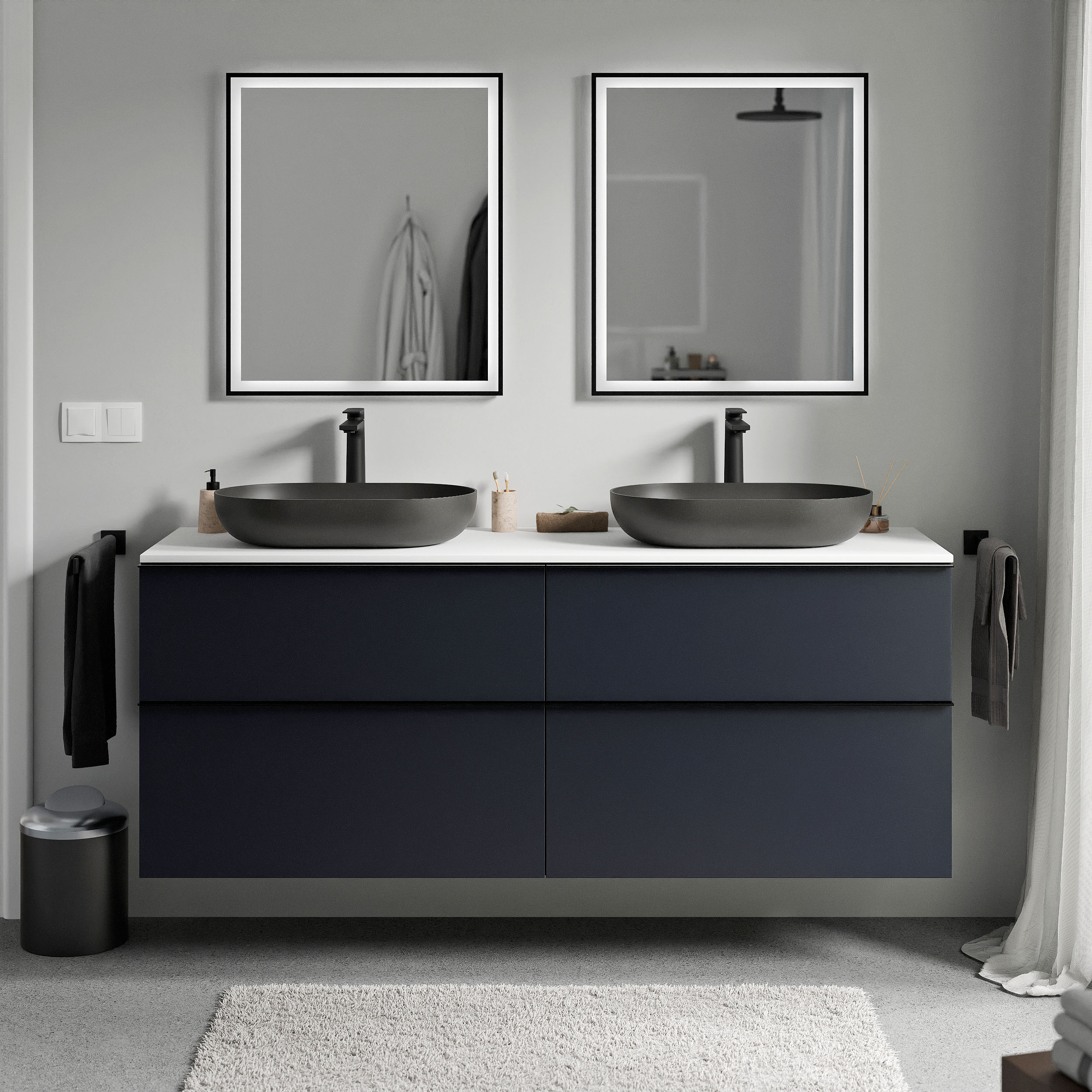 BERNSTEIN - Mueble lavabo suspendido MDF Azul noche mate, encimera Blanco mate, tirador Negro ...