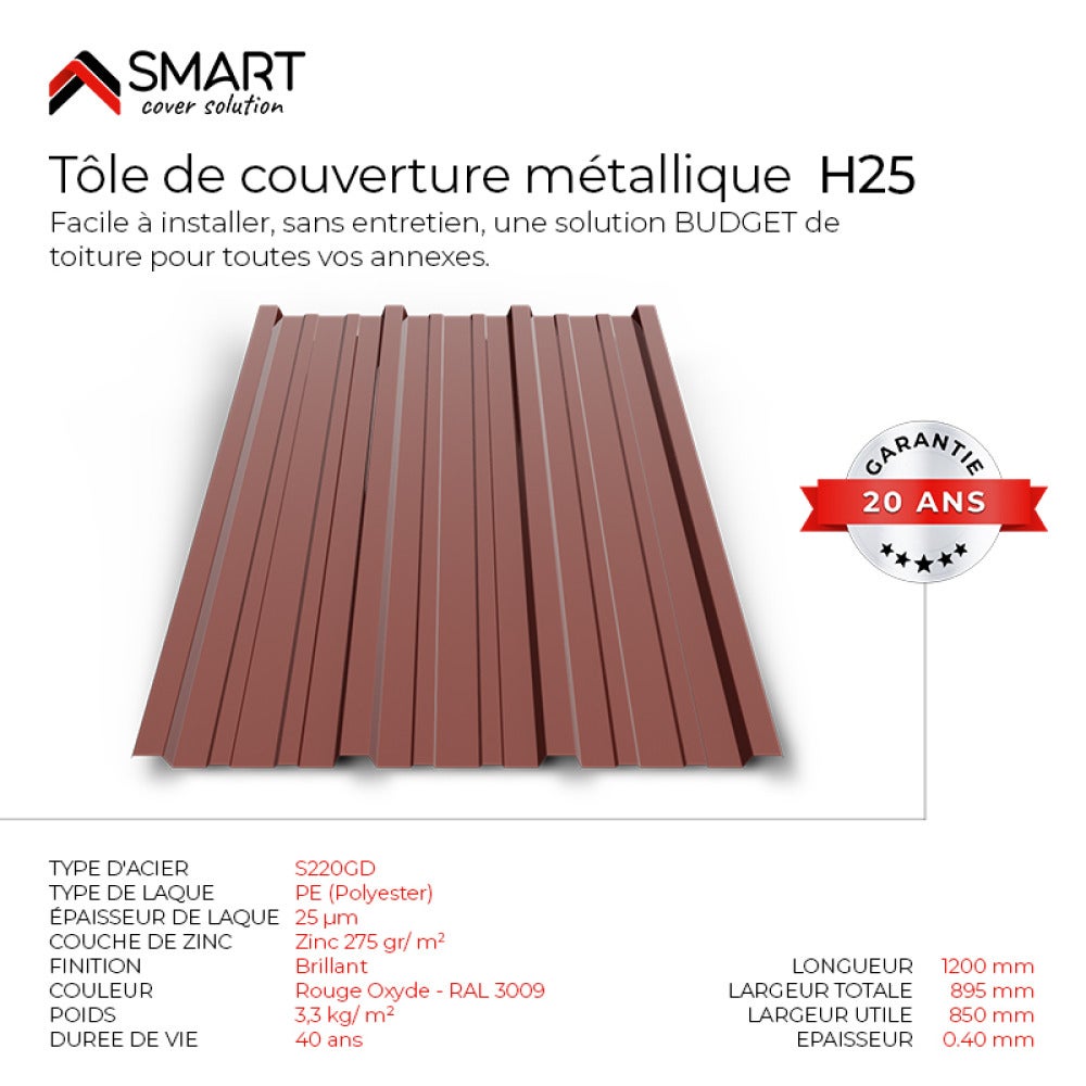 Tôle bac acier - Toiture - Couverture - plaque TR25 Coloris Rouge Oxyde ...