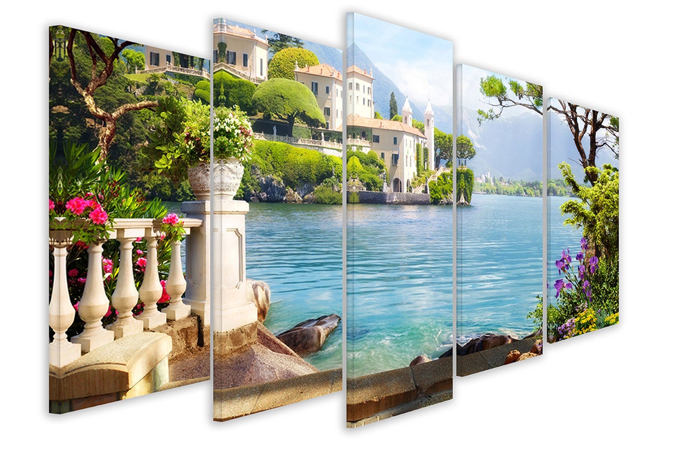 Tableau 5 parties paysage illustré au lac de côme - 150x80 cm | Leroy ...