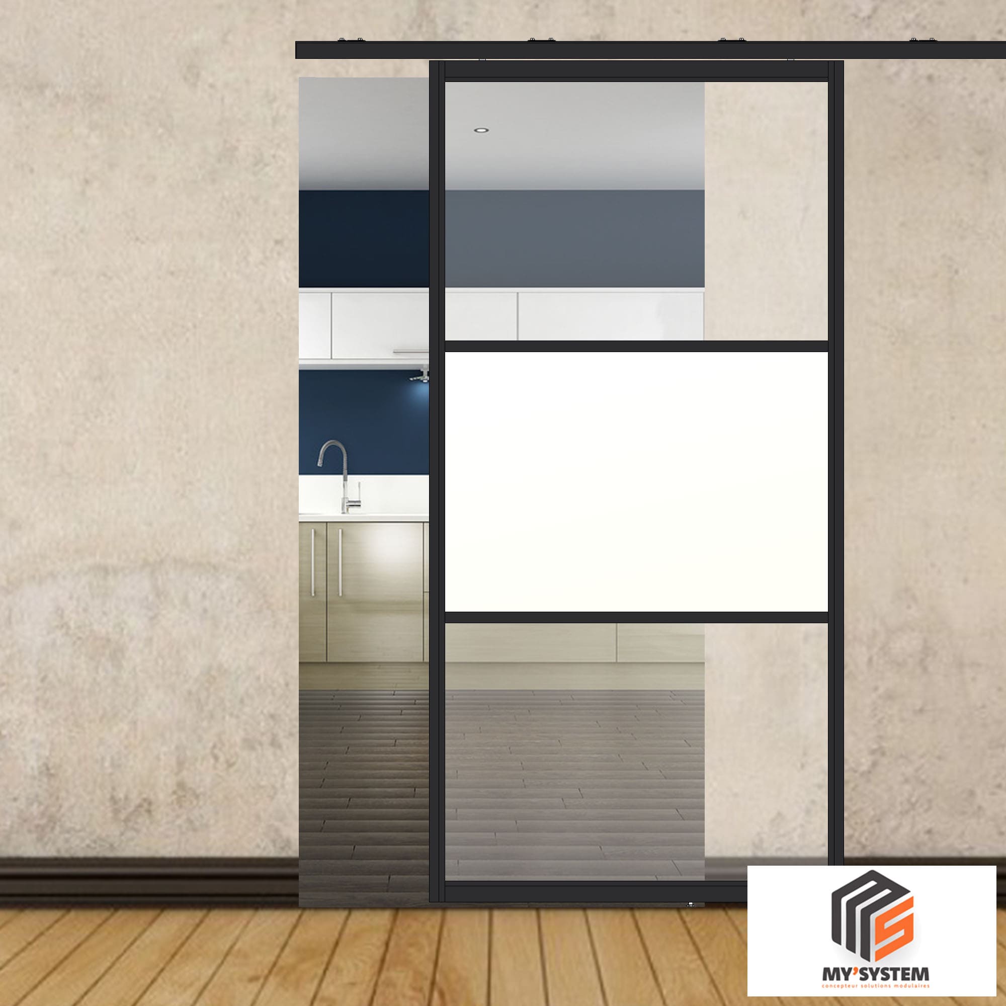 PORTE SIMPLE COULISSANTE DROITE H2088 - L1067 mm - 3 VERRES HORIZONTAUX ...