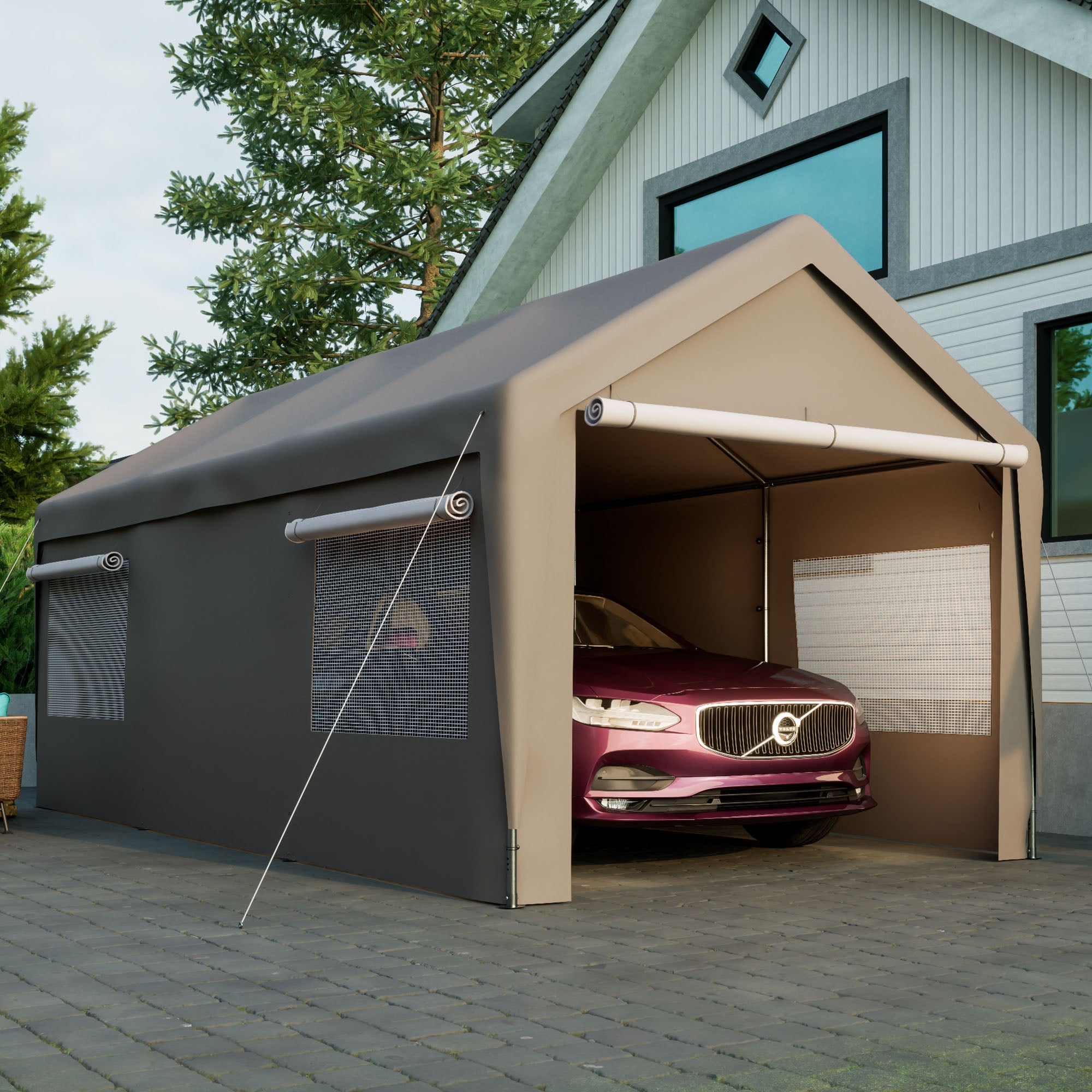 Tenda Garage 3x6m Grigio, Resistente all’Inverno, Finestre Roll-Up ...