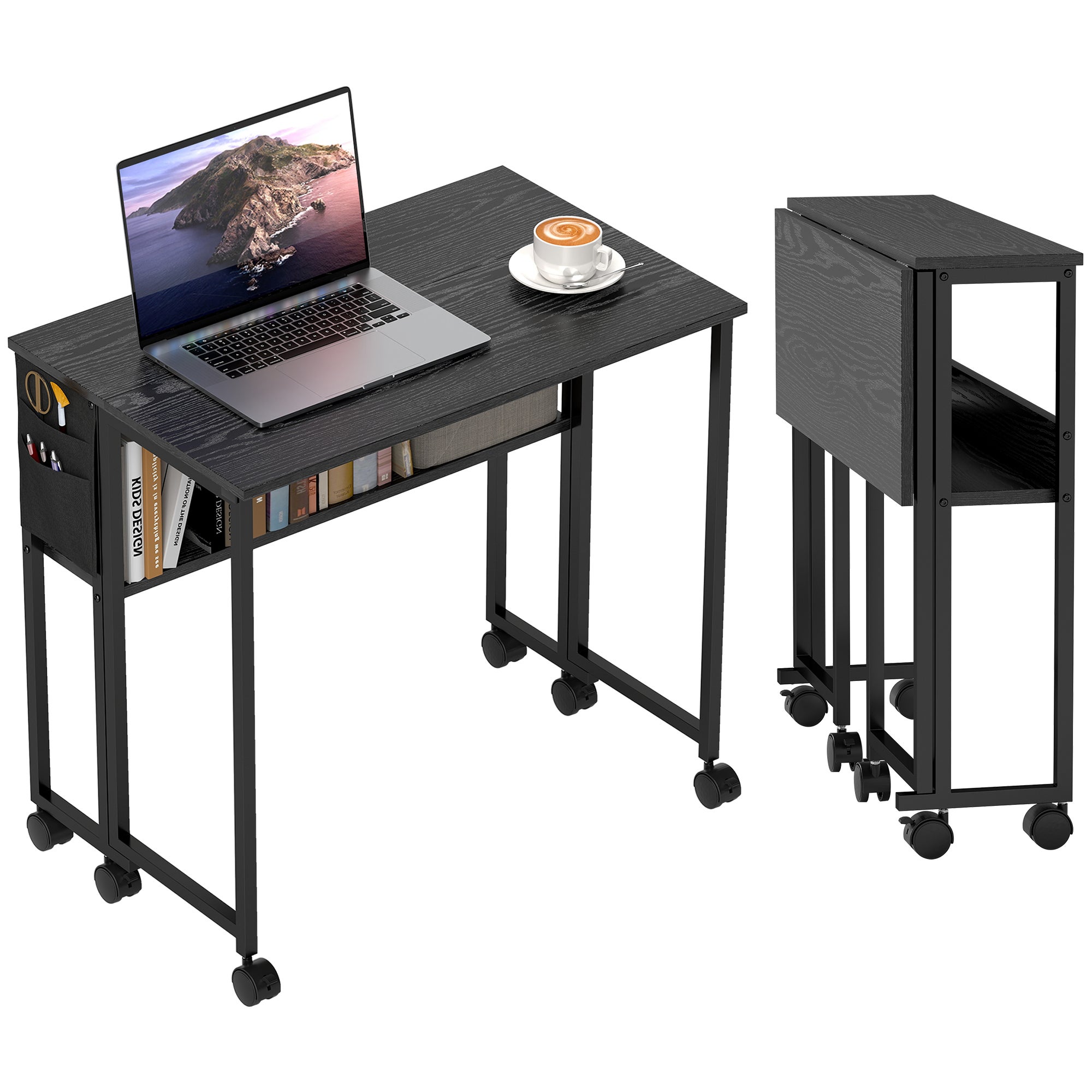 Bureau pliant 80cm avec étagère de rangement et abattant sur roulettes ...
