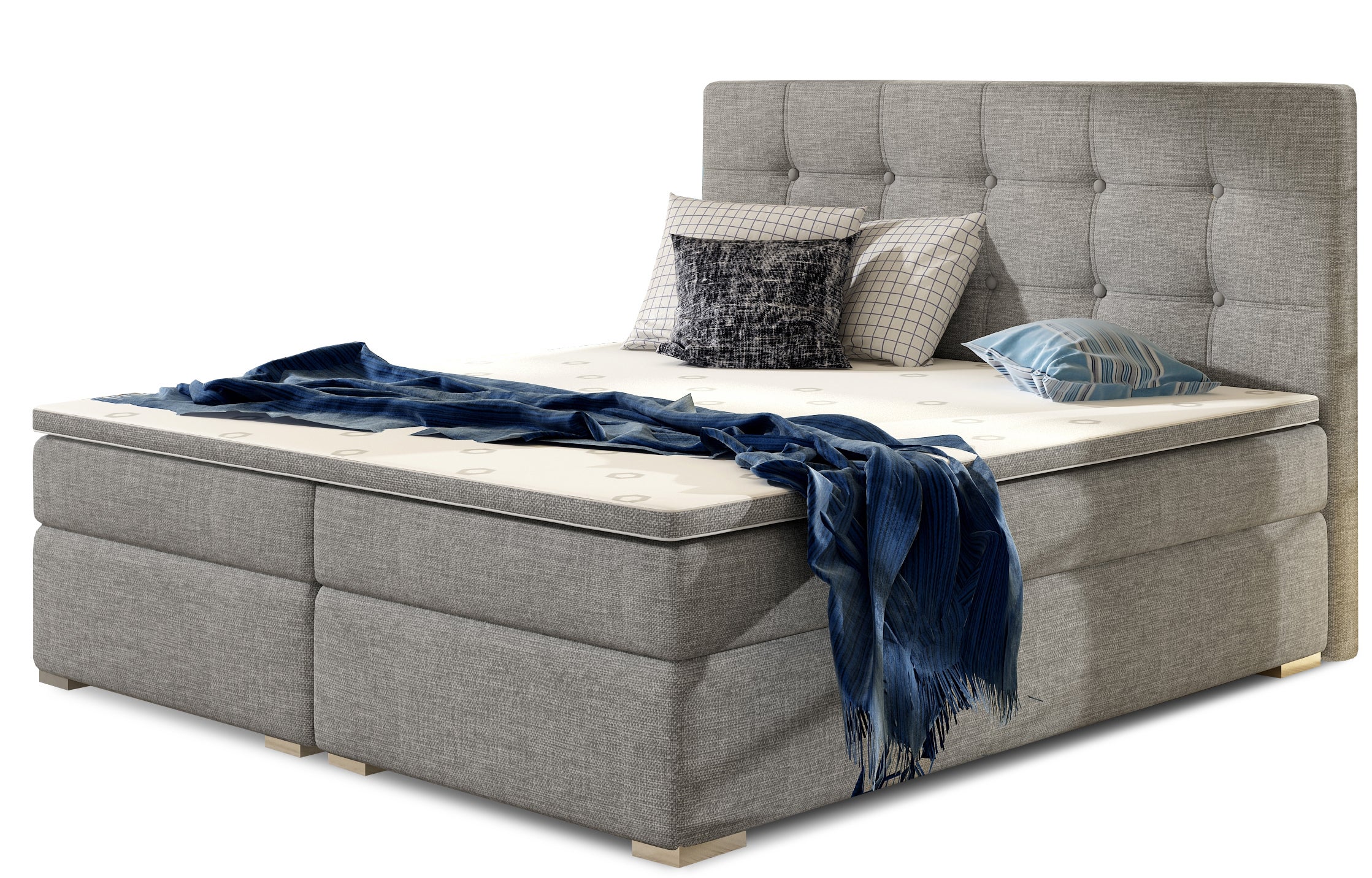 Lit coffre boxspring tissu gris clair avec matelas et surmatelas Kavin ...