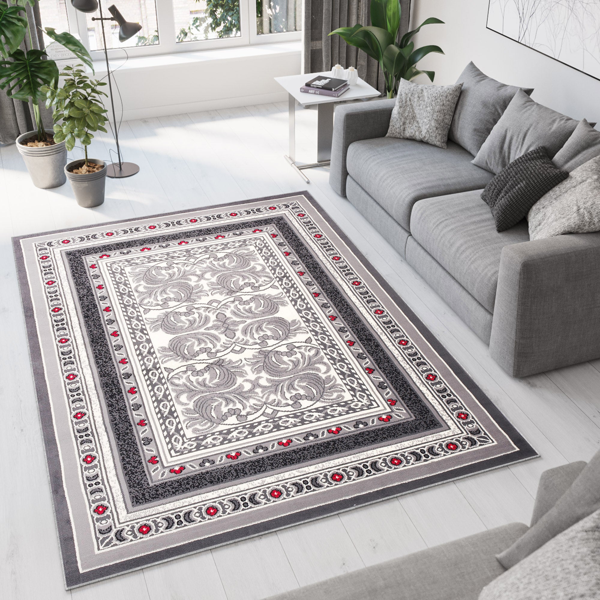 TAPISO Dream Tapis Salon Chambre Gris Crème Rouge Bordure Fleur Doux ...