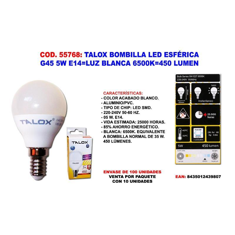 Talox bombilla led esferica g45 5w e14 l.blanca 6500k 450 lumen | Leroy ...
