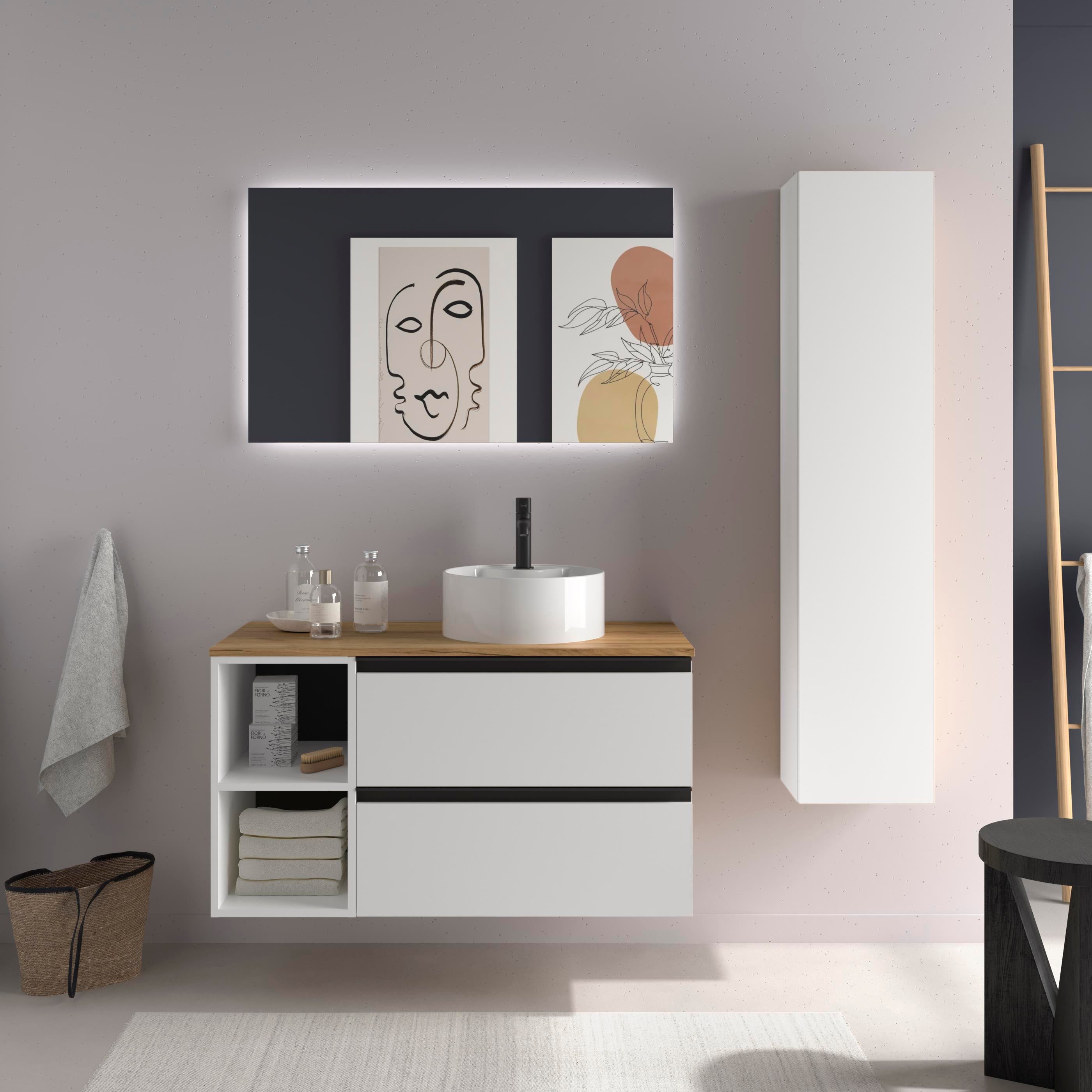 Meuble de salle de bain BEQUIA PLUS METAL 90cm Blanc mat | Vasque à ...