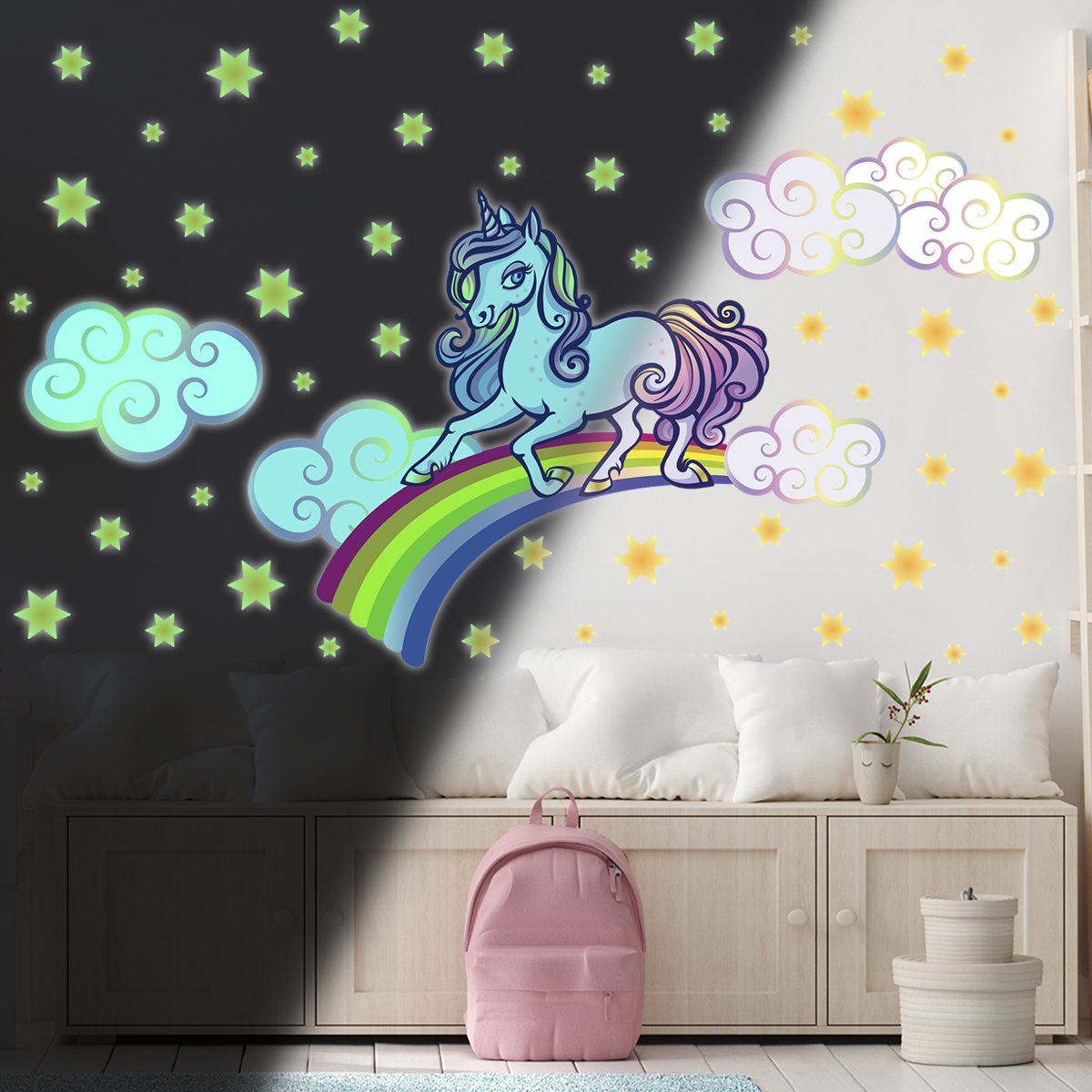 Sticker phosphorescent lumineux - LICORNE SUR ARC-EN-CIEL - Autocollant ...