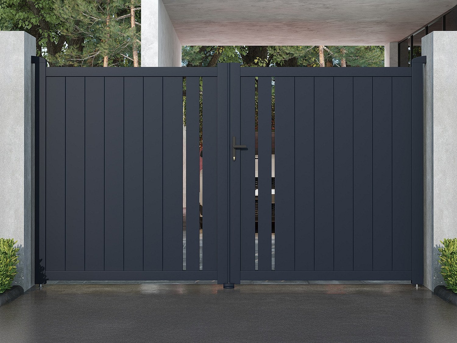 Puerta batiente de aluminio semi calada An.309 x Alt.181 cm antracita ...