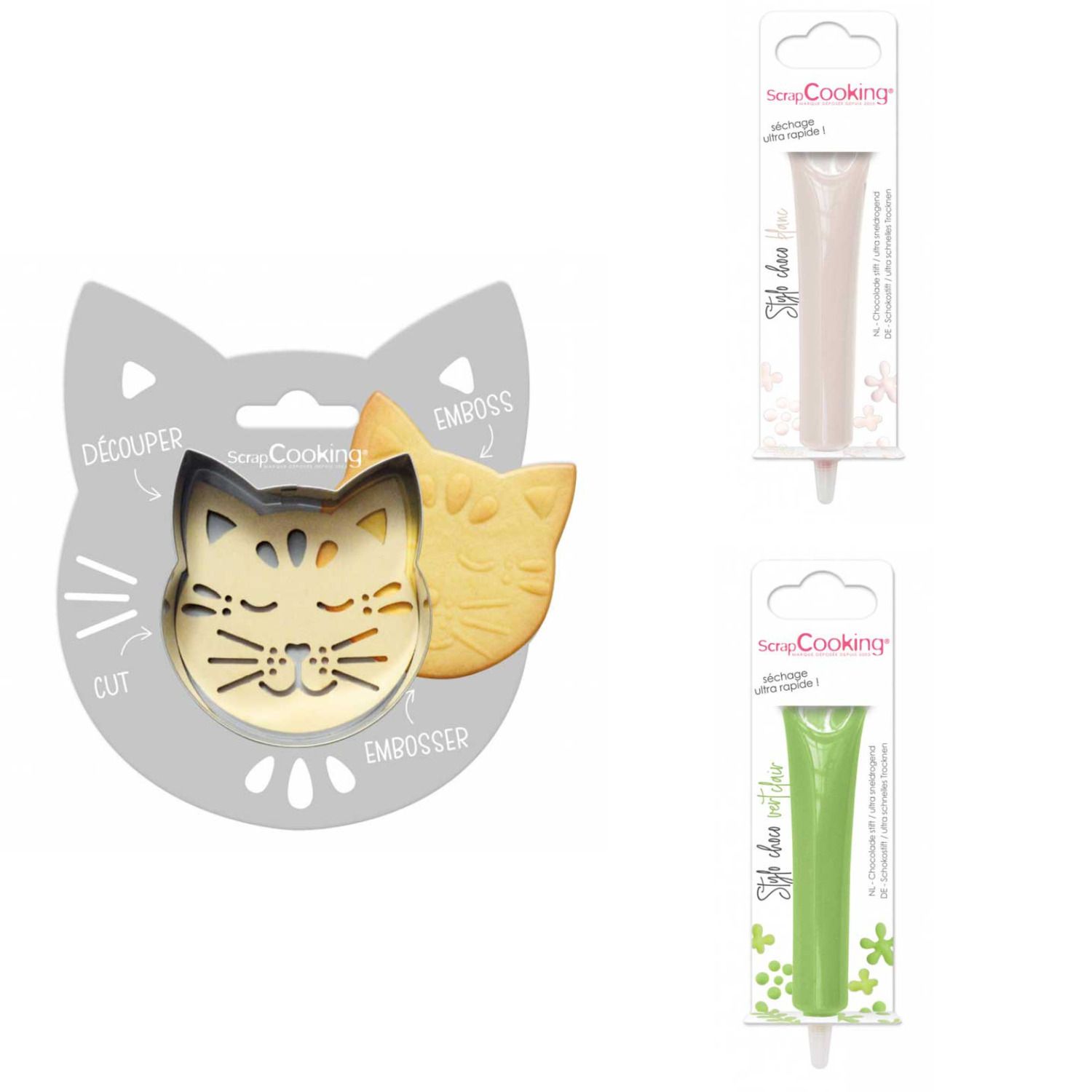 Kit pour biscuit en relief Chat + 2 Stylos au chocolat blanc et vert ...