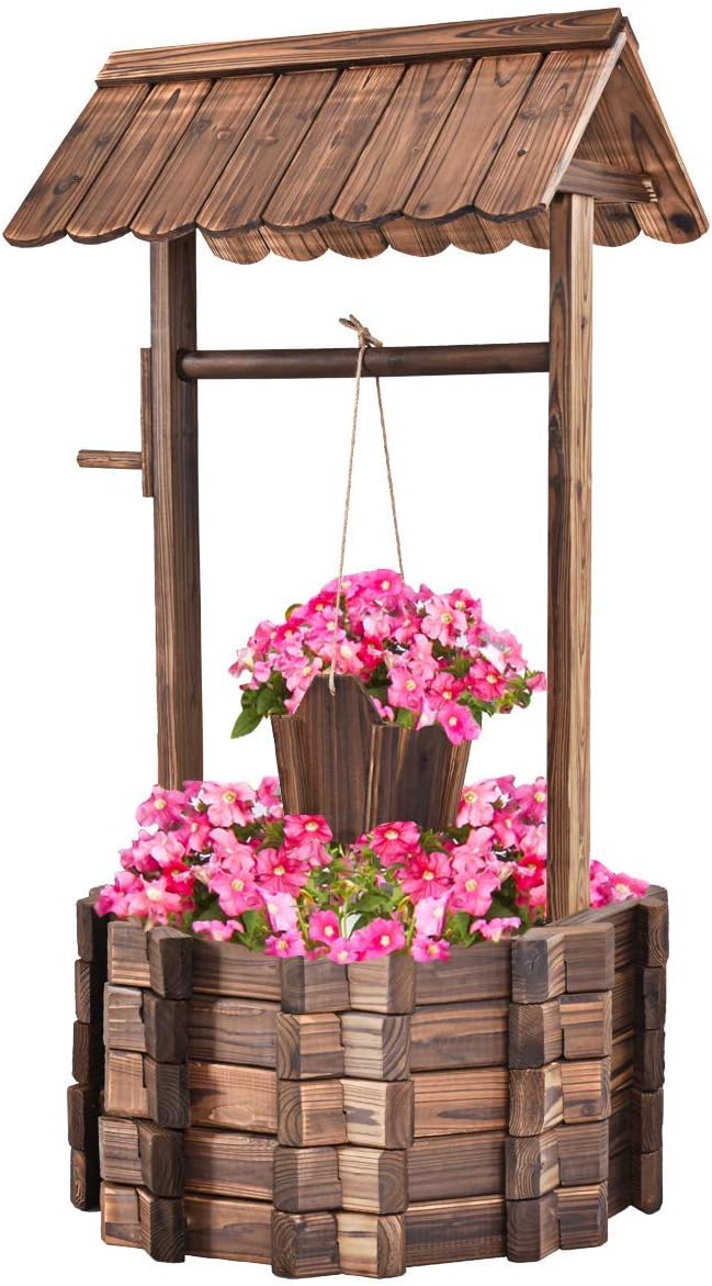COSTWAY Pozo de Madera con Techo Cubo de Flores Maceta Decoración ...