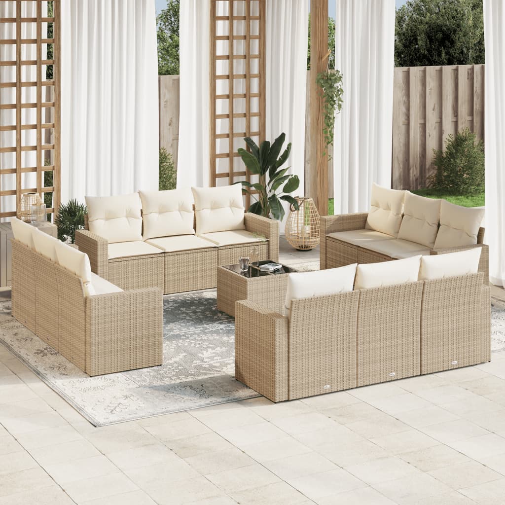 Muebles de jardín con cojines 13 piezas resina tejida beige | Leroy Merlin