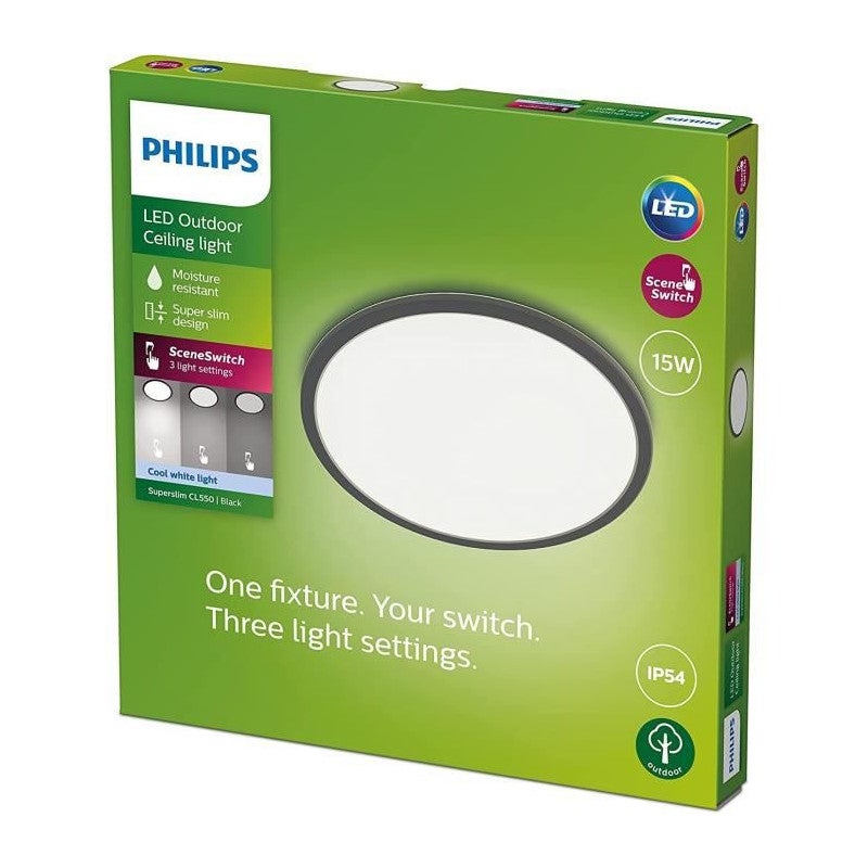PHILIPS Plafonnier LED SUPERSLIM - 15W - 4000 Kelvin - IP54 - Noir ...
