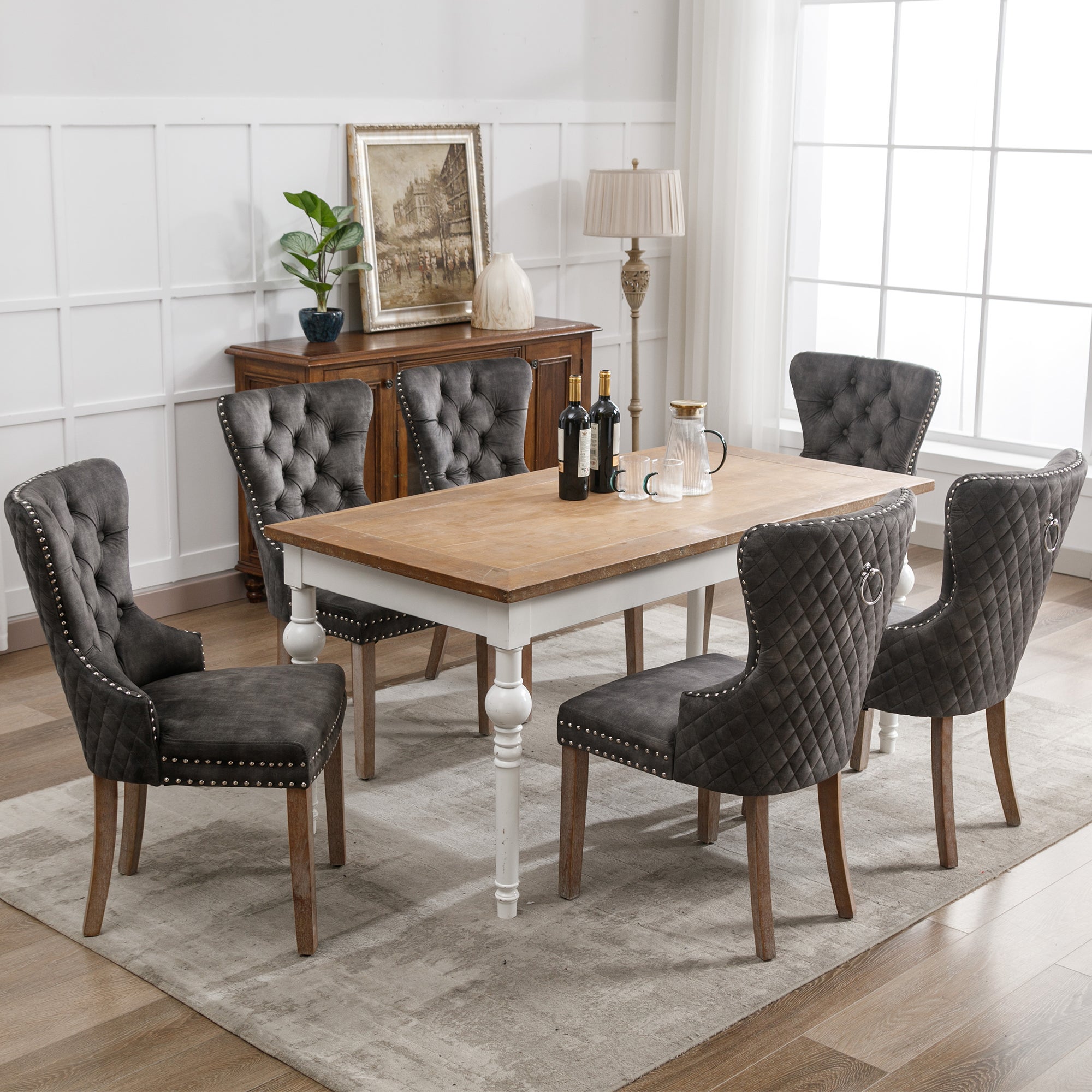 Chaise de salle à manger lot de 6, velours gris, dossier avec heurtoir ...