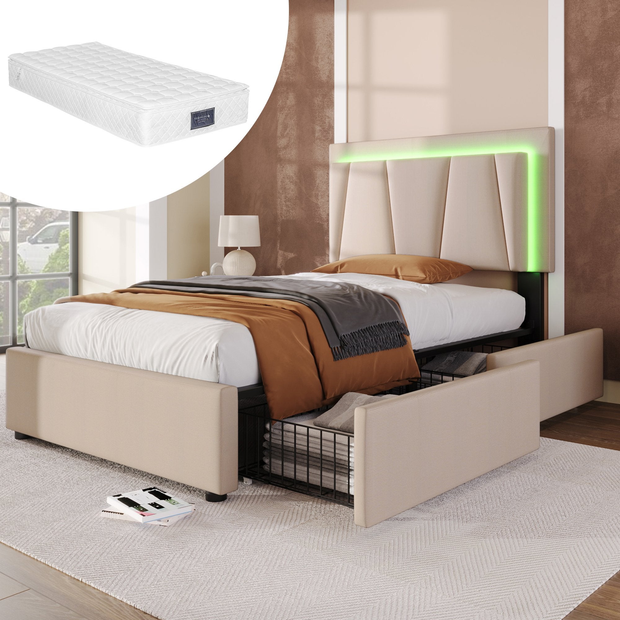Cama individual 90 x 200 cm - Cama con LED, 2 cajones, cabecero ...