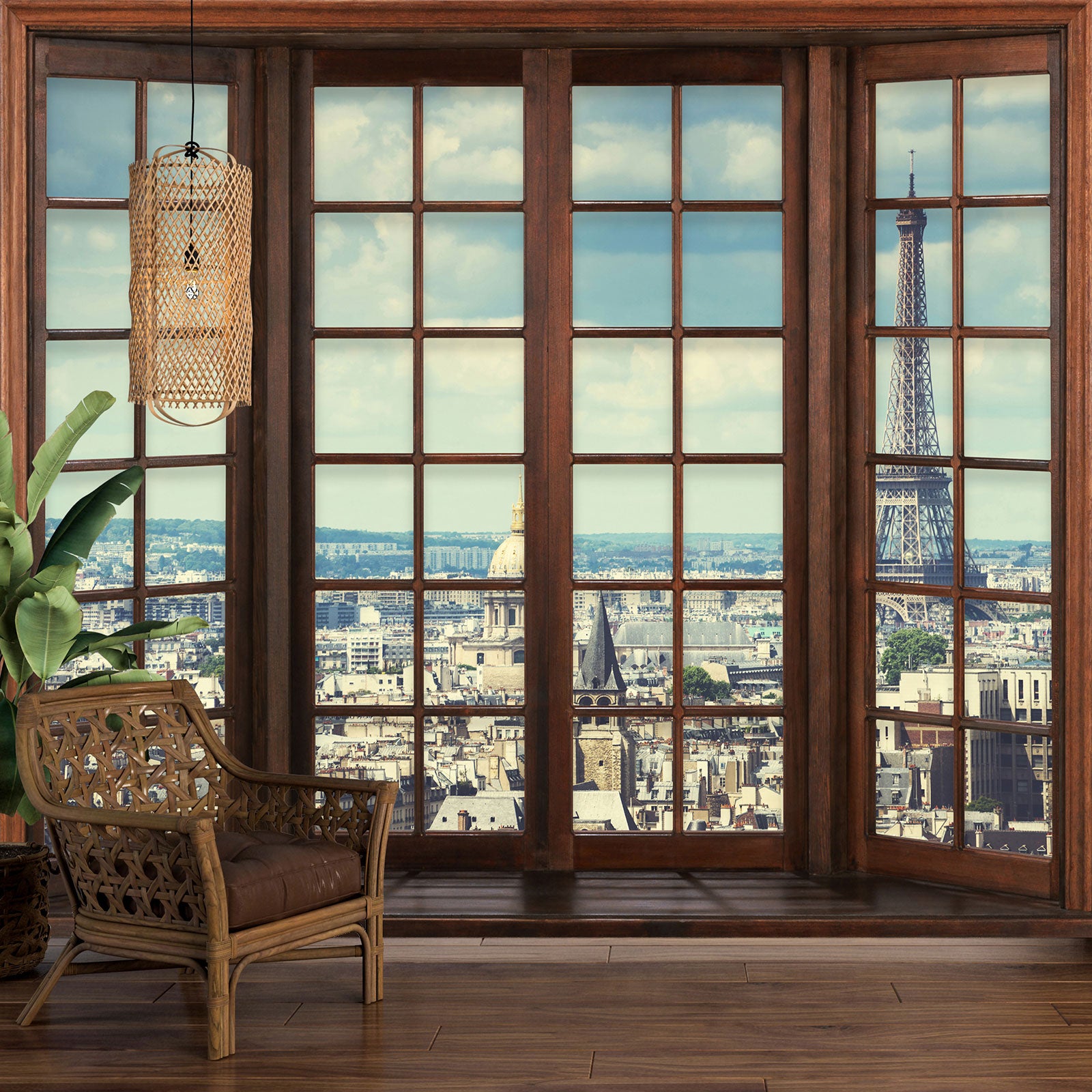 Papel pintado panorámico Trampantojo Ventana de madera - París torre ...