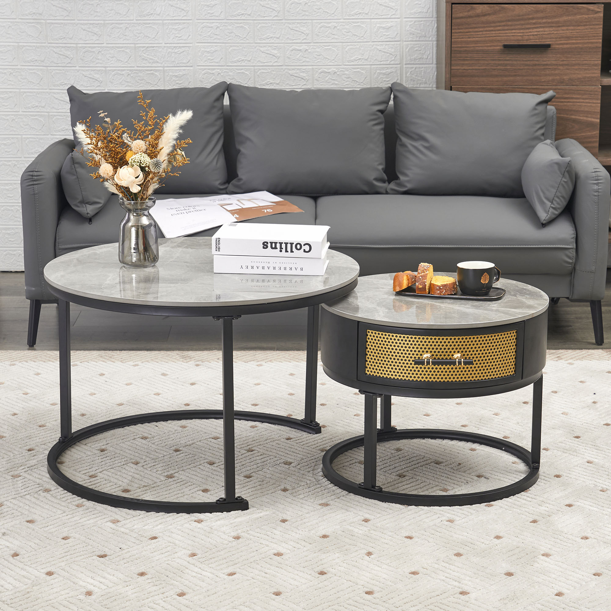 Lot de 2 table basse gigogne ronde avec plateau en marbre gris et ...