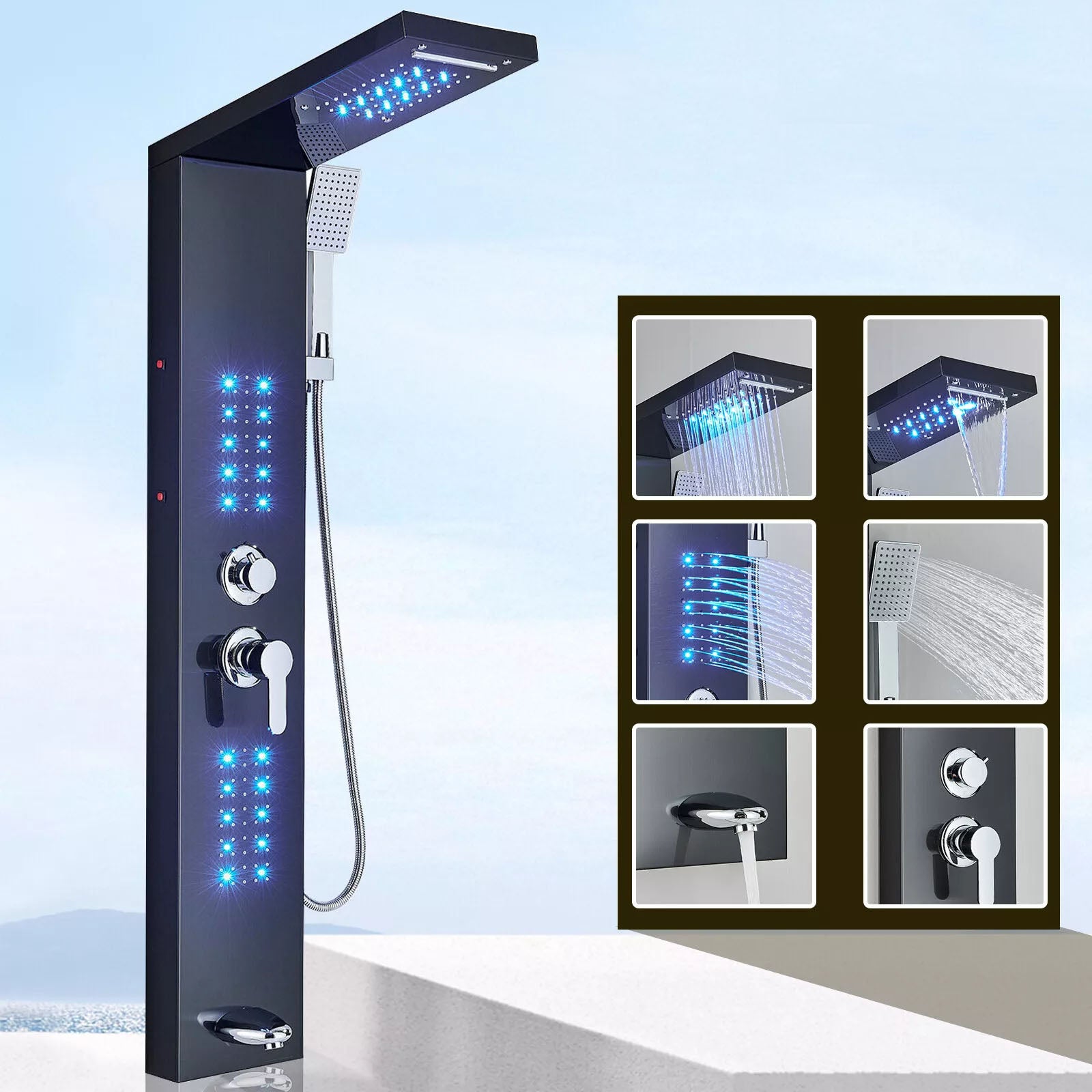 Panneau de douche LED noir avec système de colonne, effet pluie ...