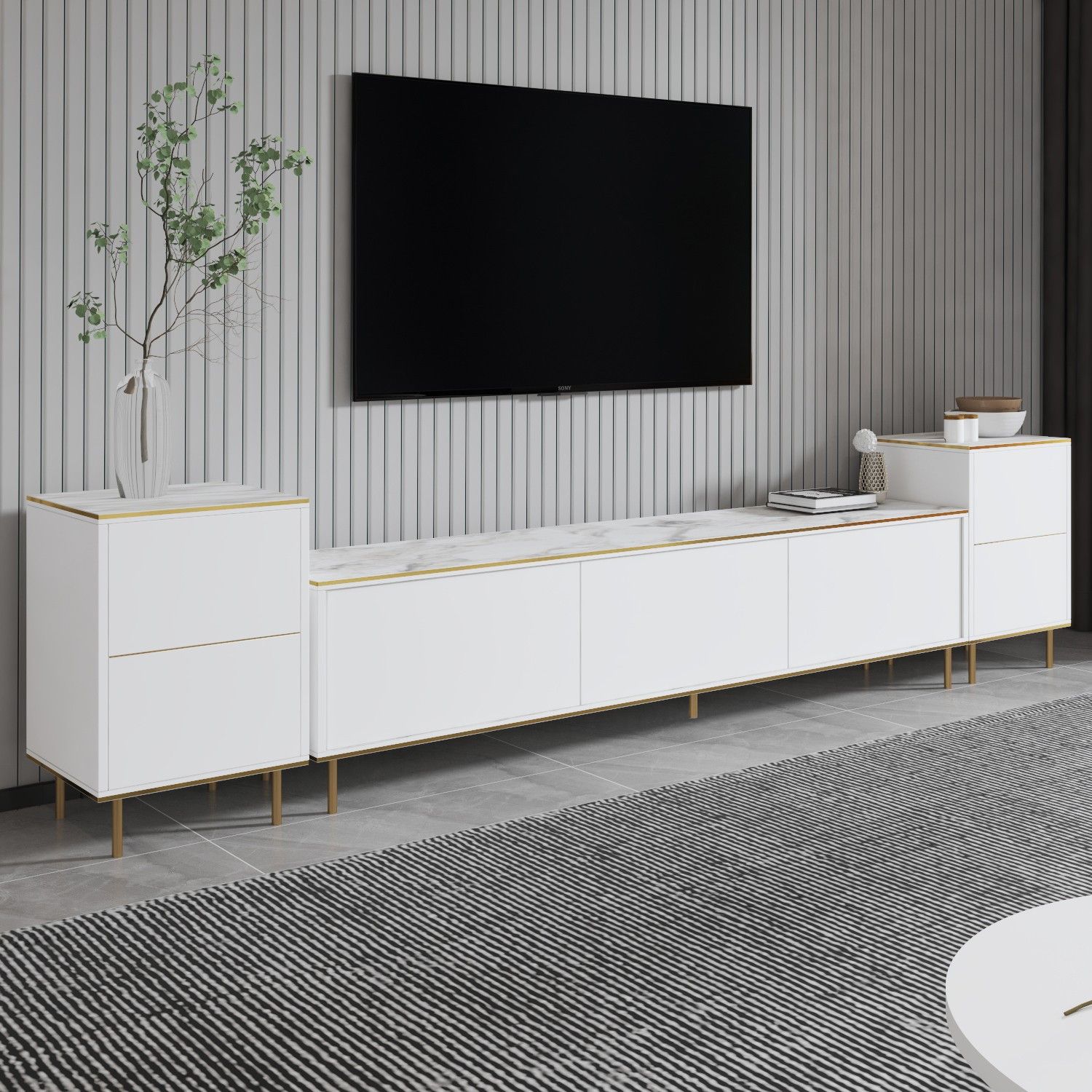Ensemble de meuble TV et 2 tables d'appoint moderne Shonna L260cm Blanc ...