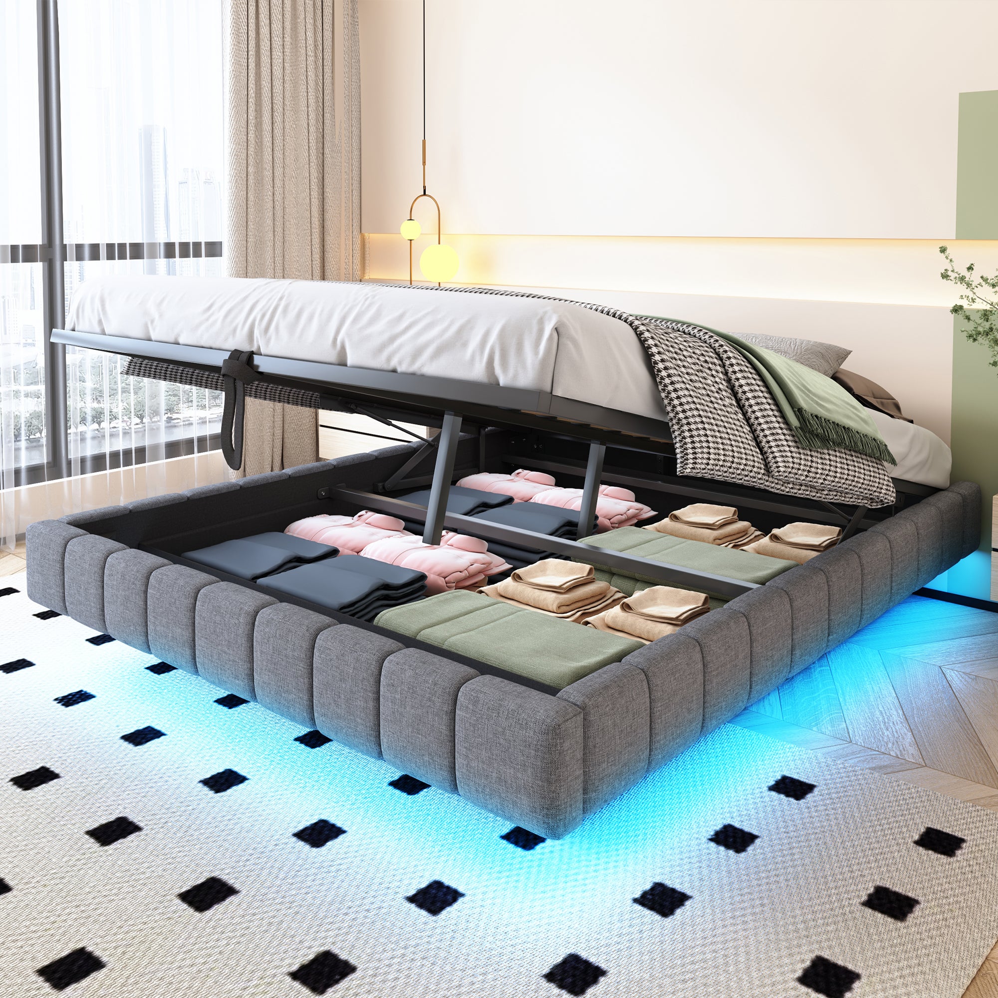 Lit Flottant 160x200 cm avec Rangement et LED, Cadre en Tissu Gris sans ...