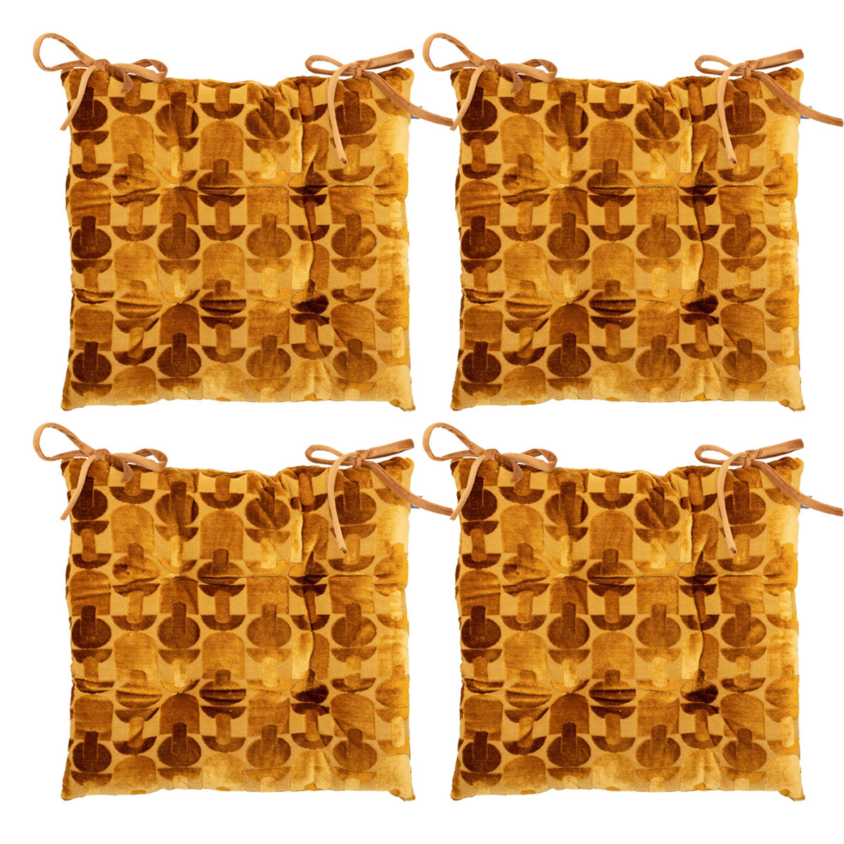 Lot de 4 Galettes de chaise Jacquard velours Ocre motif graphique 38 x ...