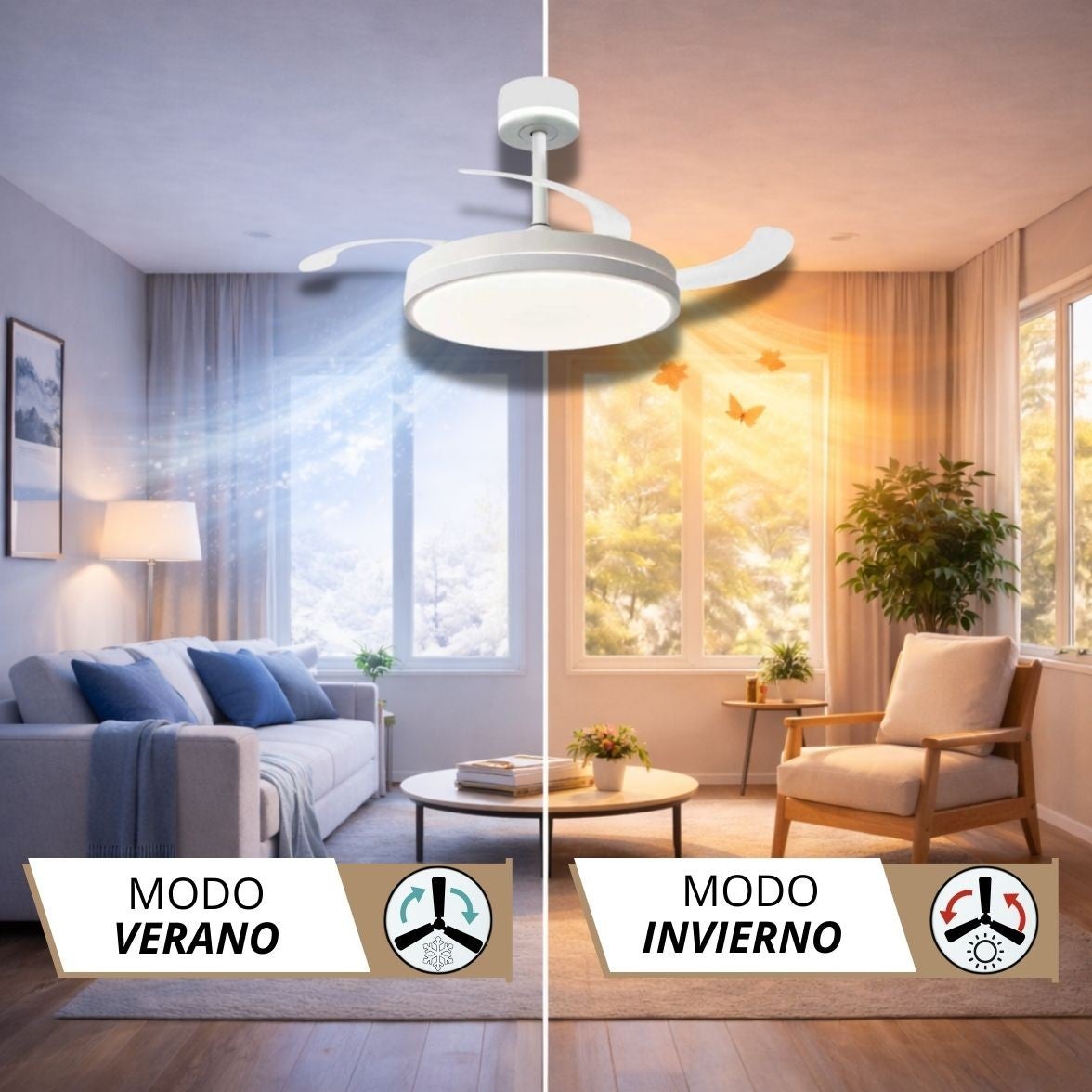 NARVI Ventilador de techo,con CABEZAL ILUMINADO, Palas retráctiles ...