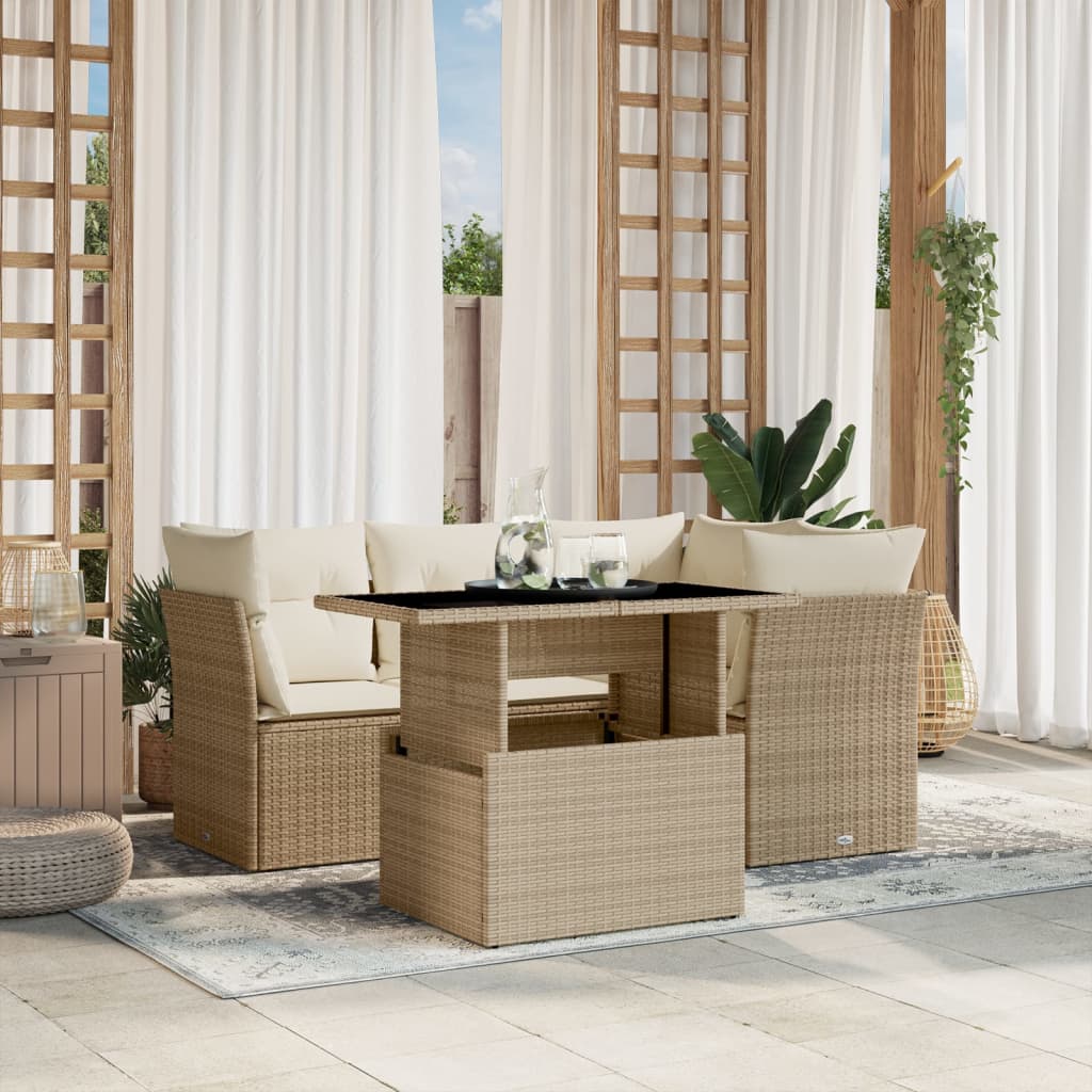 Muebles de jardín con cojines 5 piezas resina tejida beige | Leroy Merlin