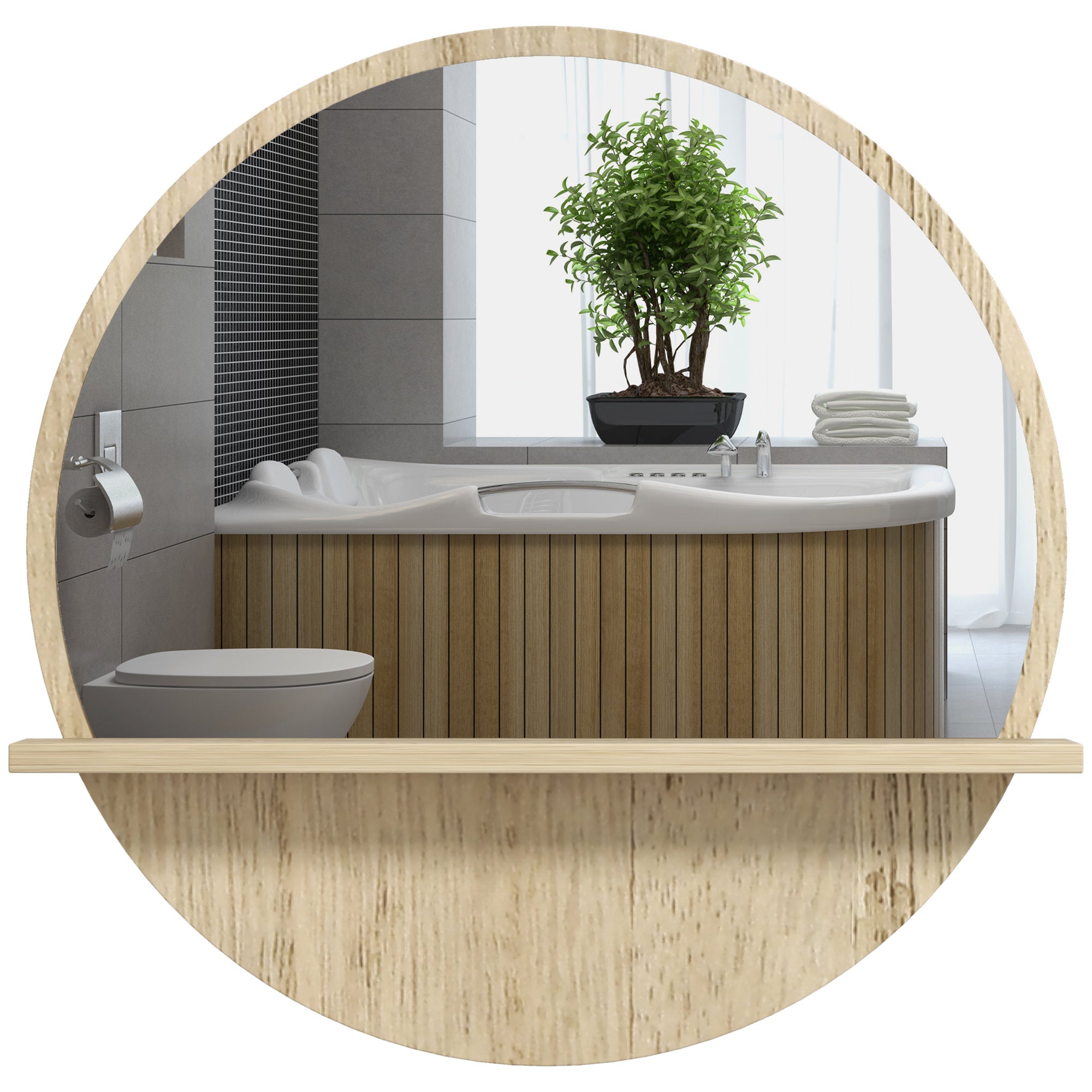 Miroir rond de 45 cm avec étagère - Effet bois naturel | Leroy Merlin