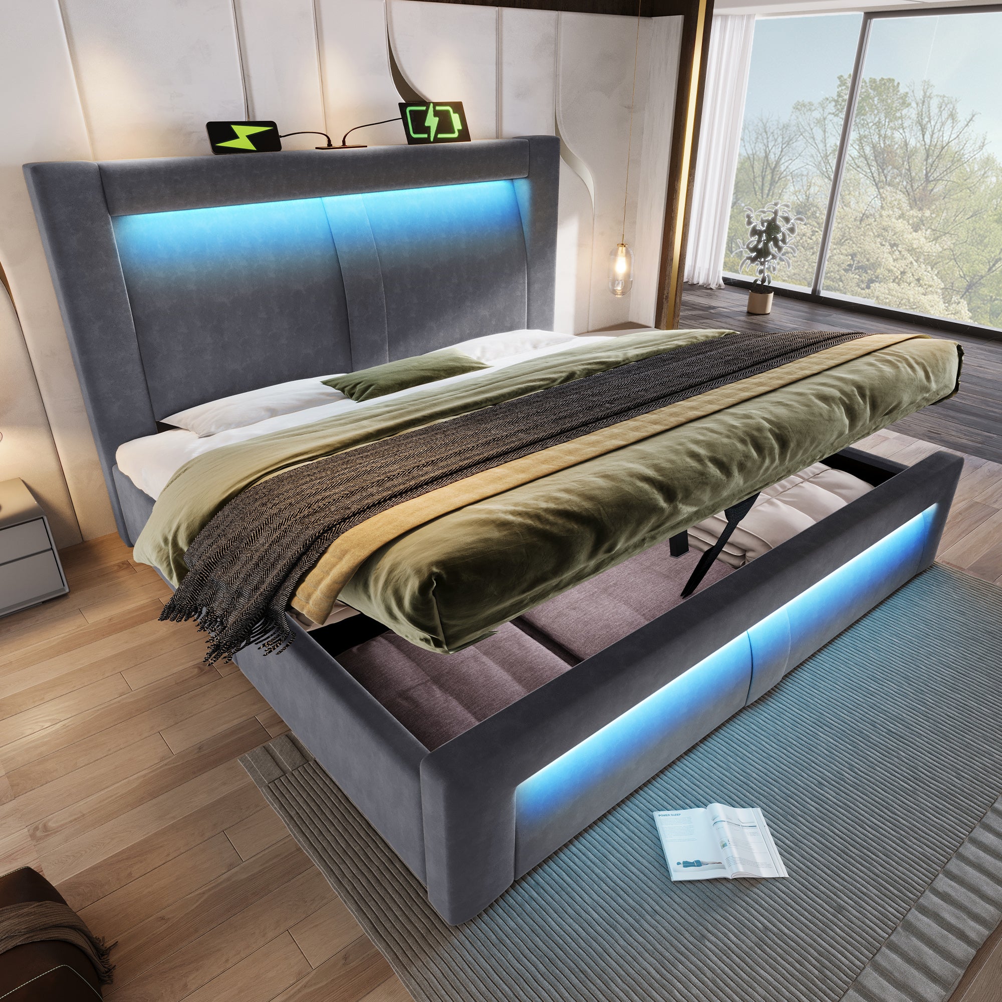 Lit coffre 180 x 200 cm avec tête de lit - Velours - Ports USB et Type ...